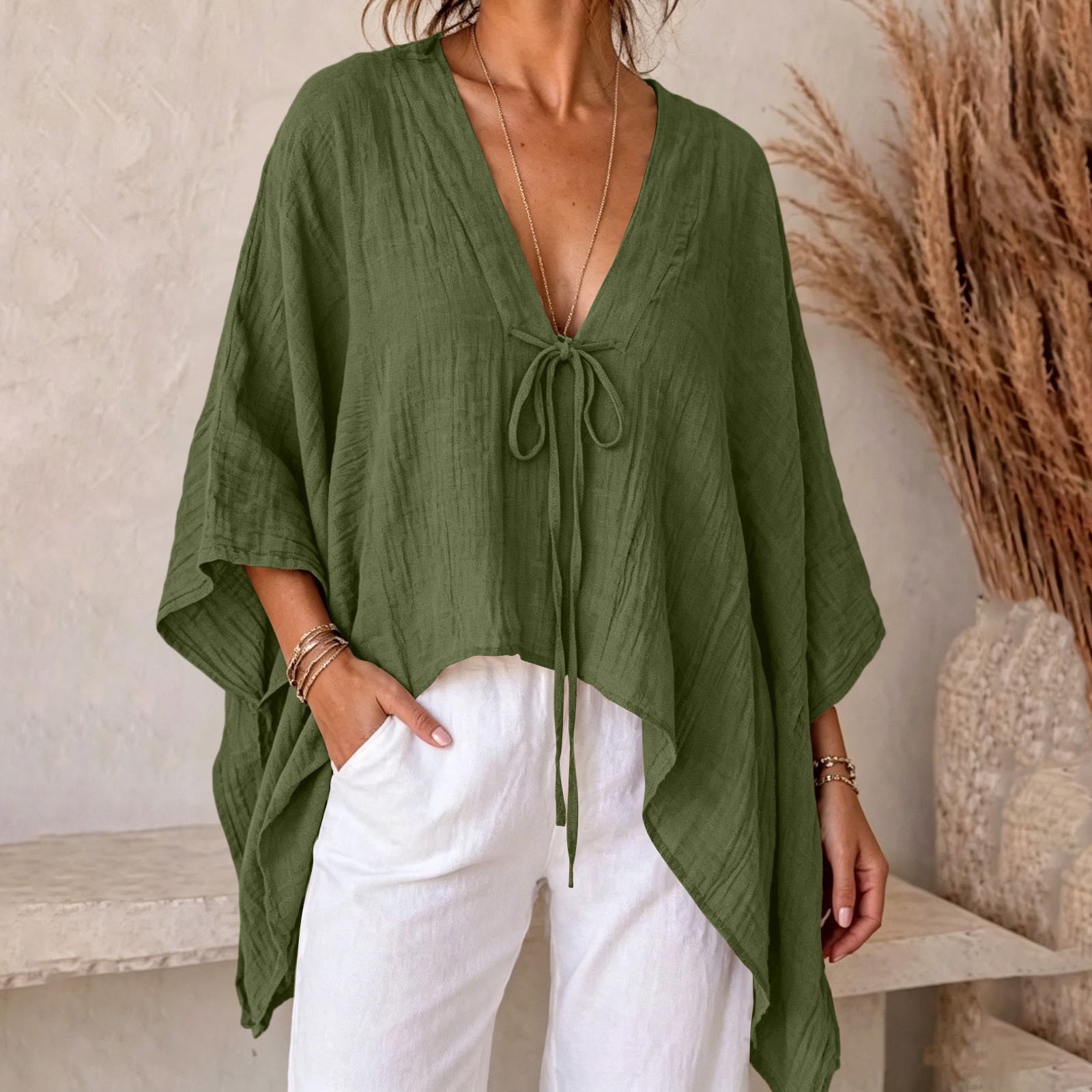 Sokhug Womens Batwing Sleeve V Neck Cotton Blend Casual Blouses ...