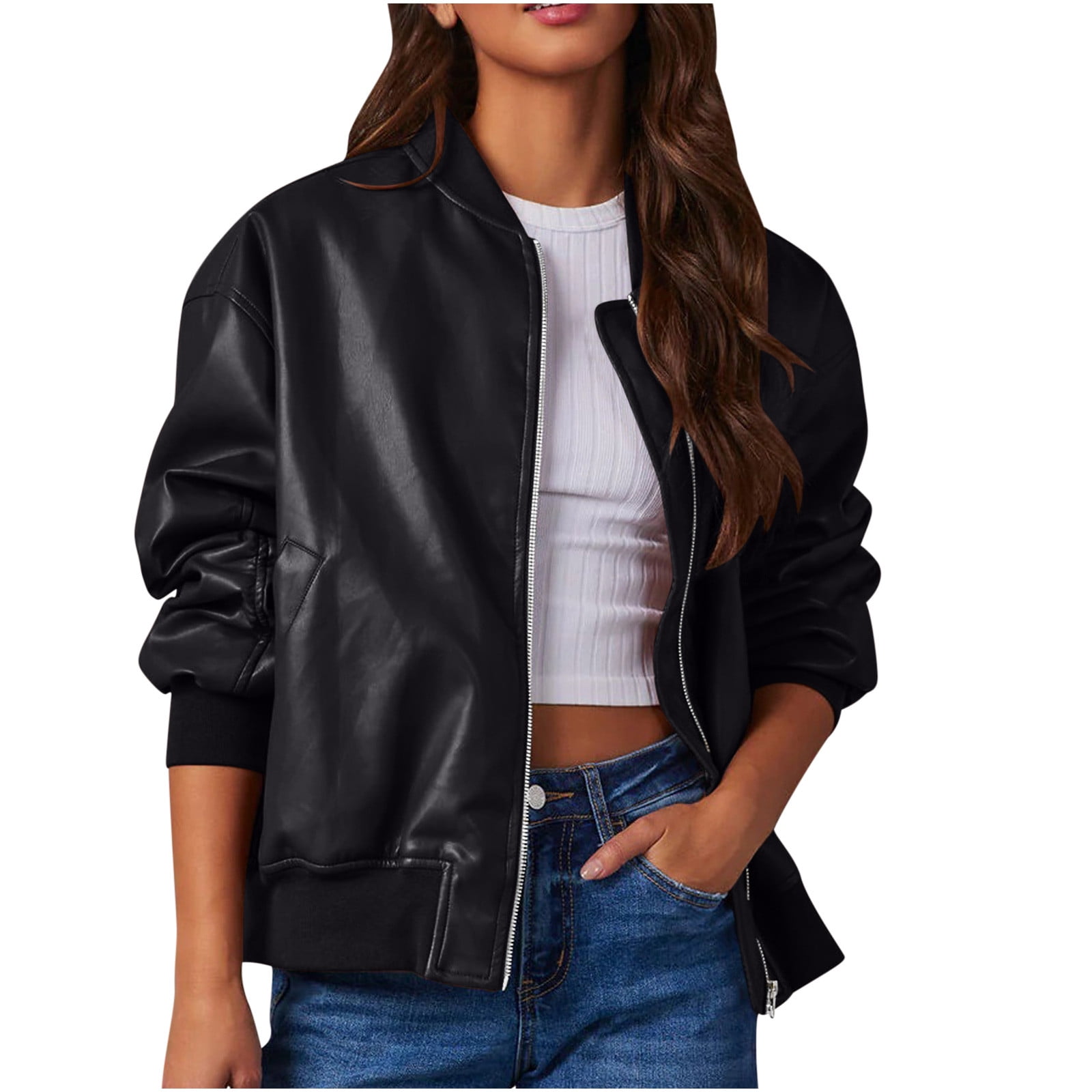 Sokhug Womens Faux Leather Jacket Bomber Jacket Oversized Zipper ...