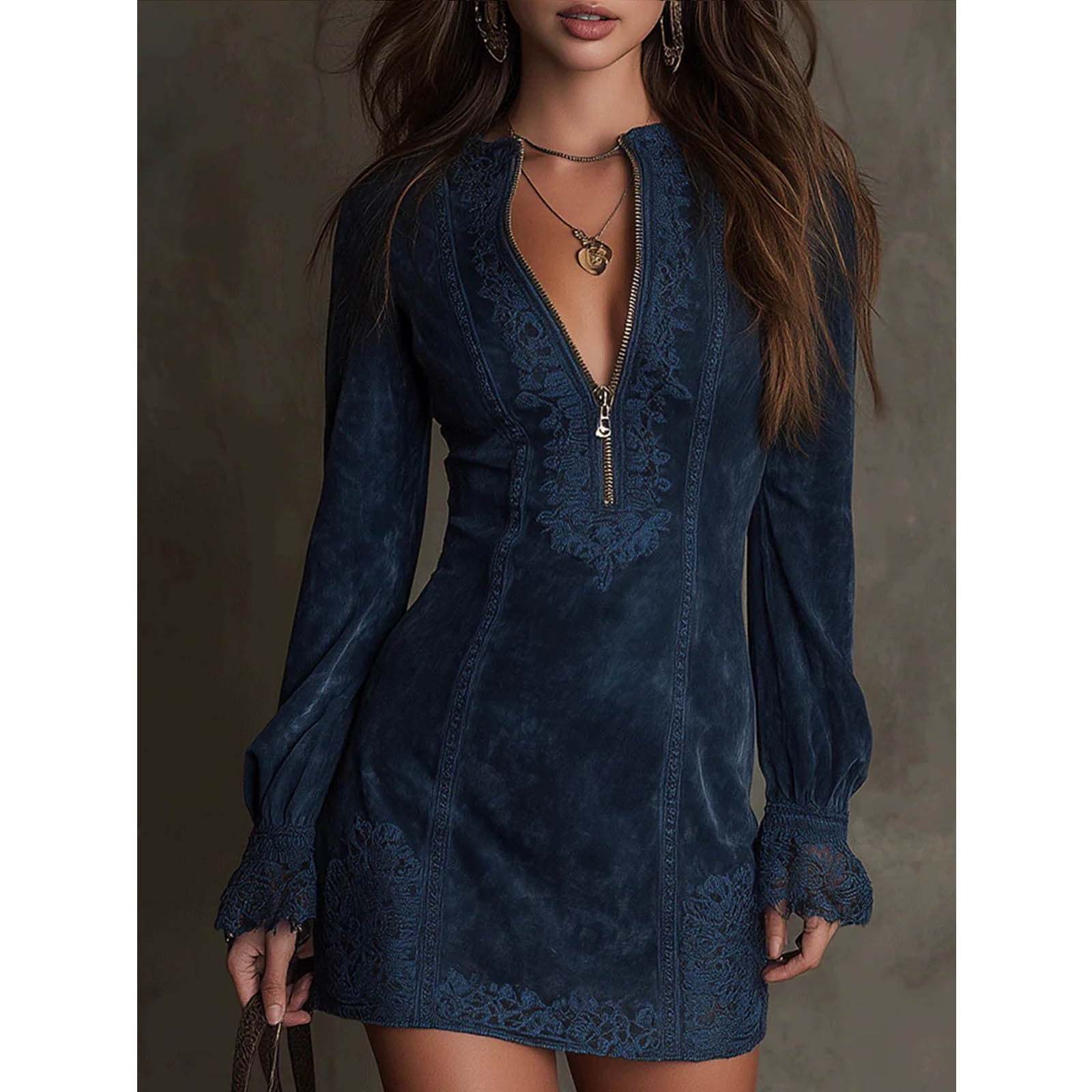 Sokhug Womens Faux Suede Western Dress Long Sleeve Lace Cuff Front ...