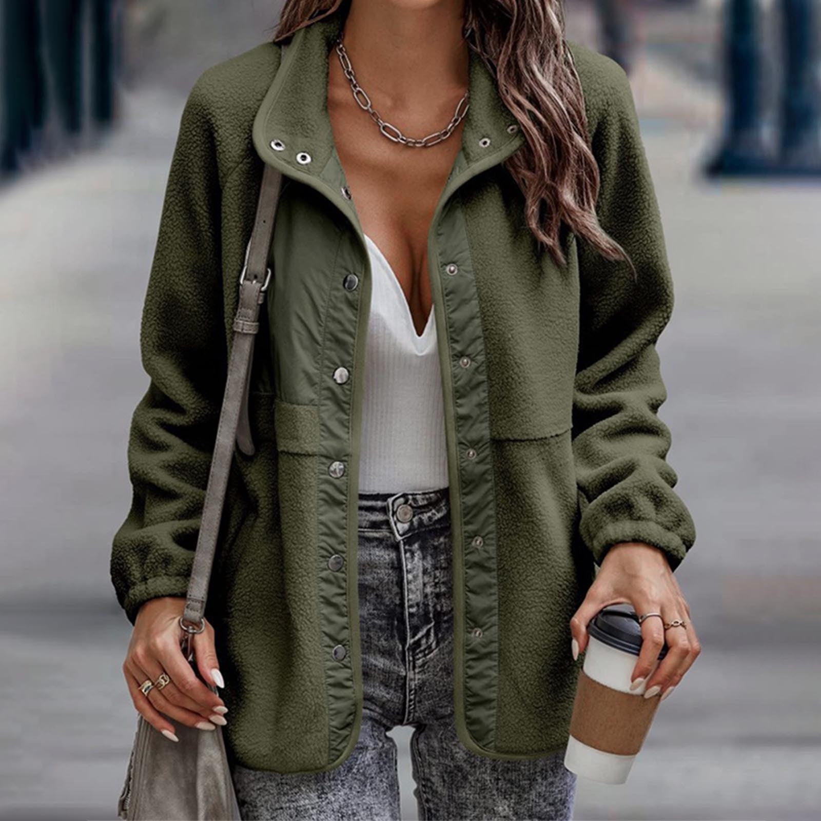 Sokhug Womens Fleece Jacket Fuzzy Long Sleeve Short Coats Button Down ...