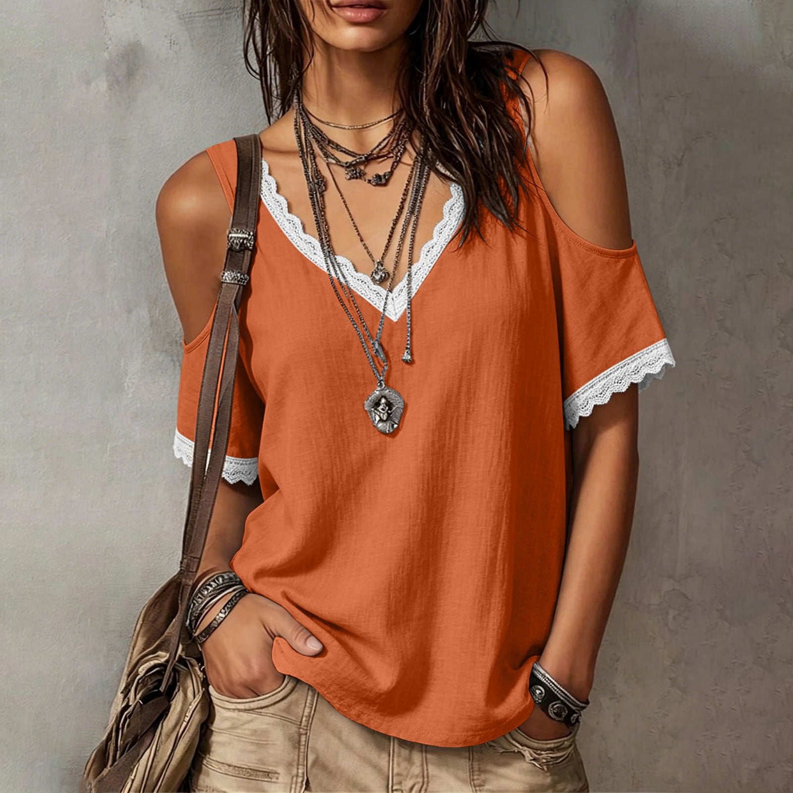 Sokhug Womens Short Sleeve Cold Shoulder Cotton Blend Blouse V Neck ...