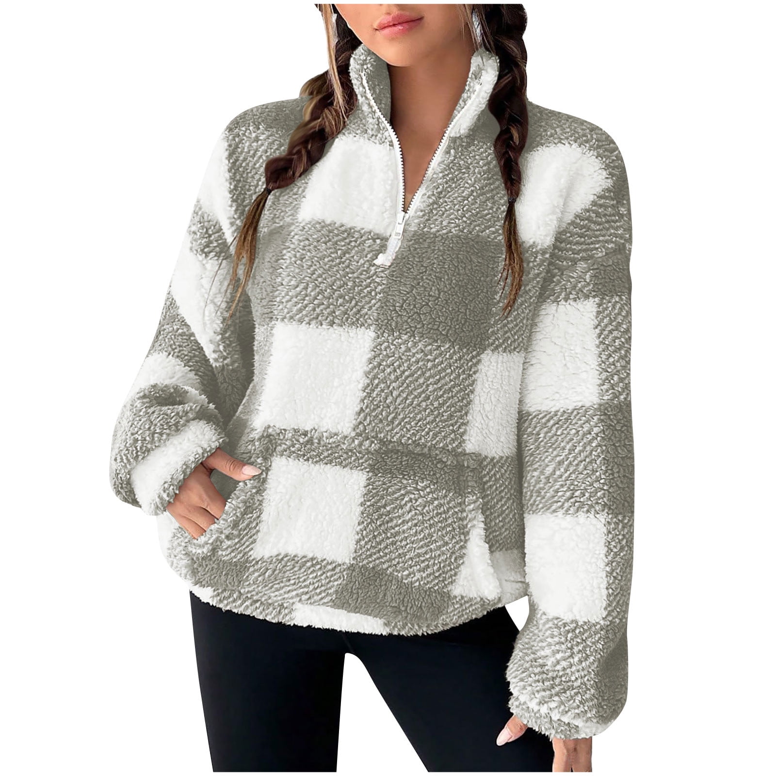 Sokhug Womens Sweatshirt Plaid Pullover Winter Plush Fleece Long ...