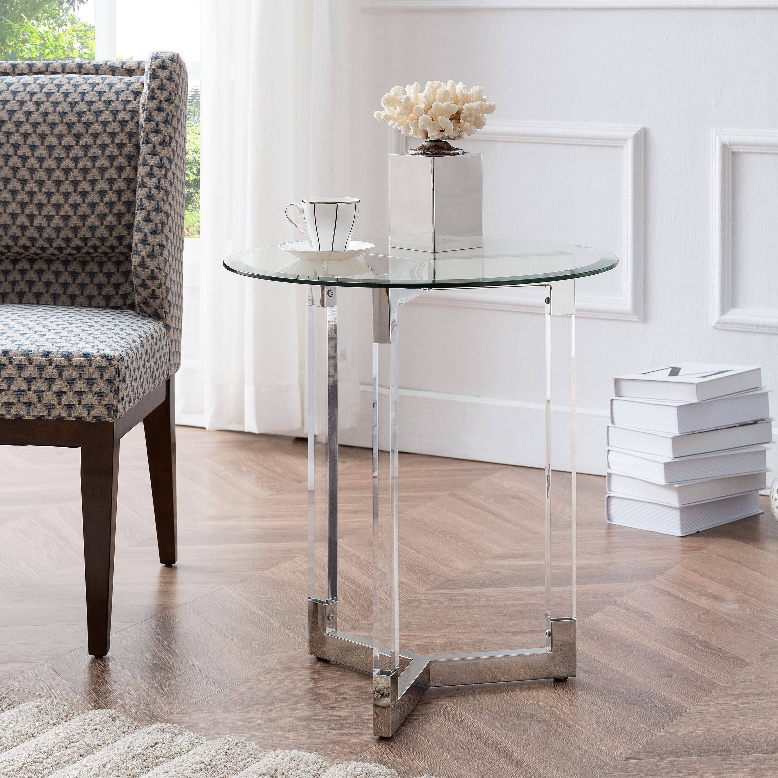 Sokia Round Acrylic Accent Table w/ Glass Top, Glam, Silver - Walmart.com