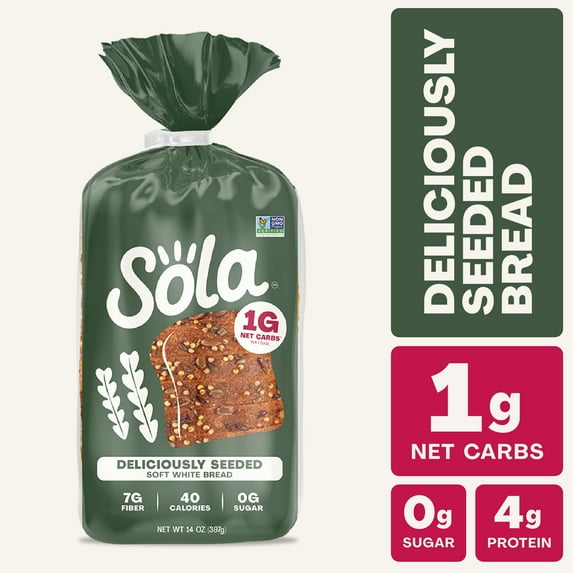 Sola Seeded Bread Soft White 14 oz Loaf with 1g Net Carbs and 4g ...