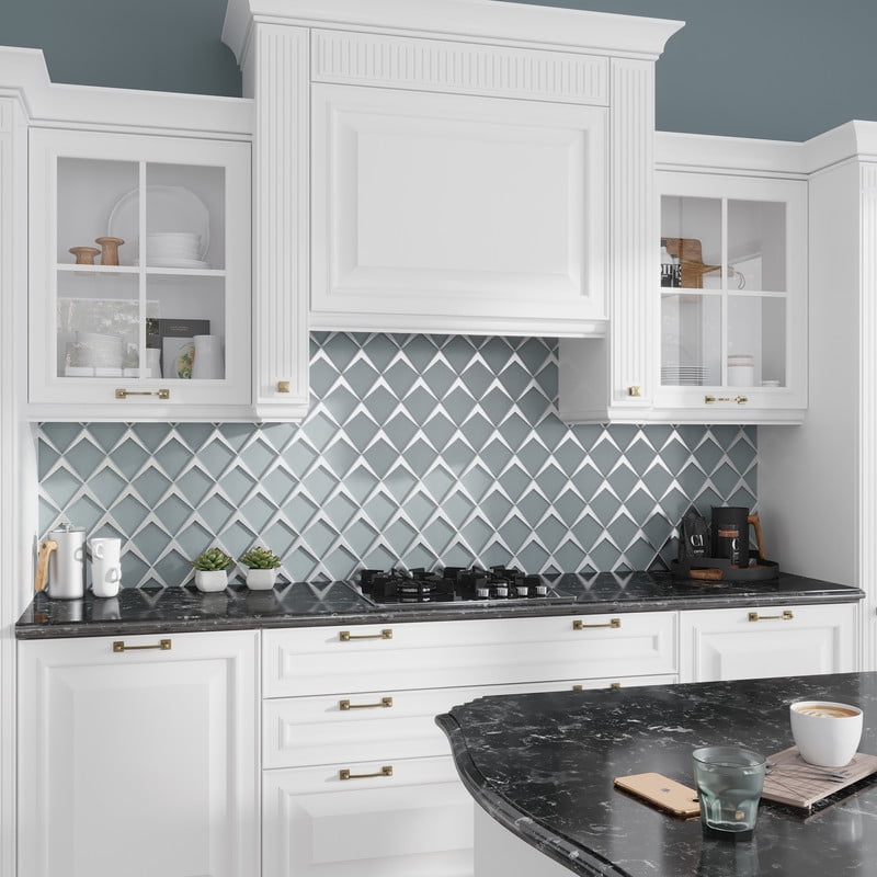 Solace 12x9 Green Metallic Silver Glass Mosaic Diamond Wall Tile (3.91 ...