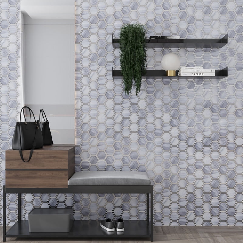 Solace 9 x 10 in. Matte Soft Silver Gray Glass Mosaic Hexagon Wall and ...