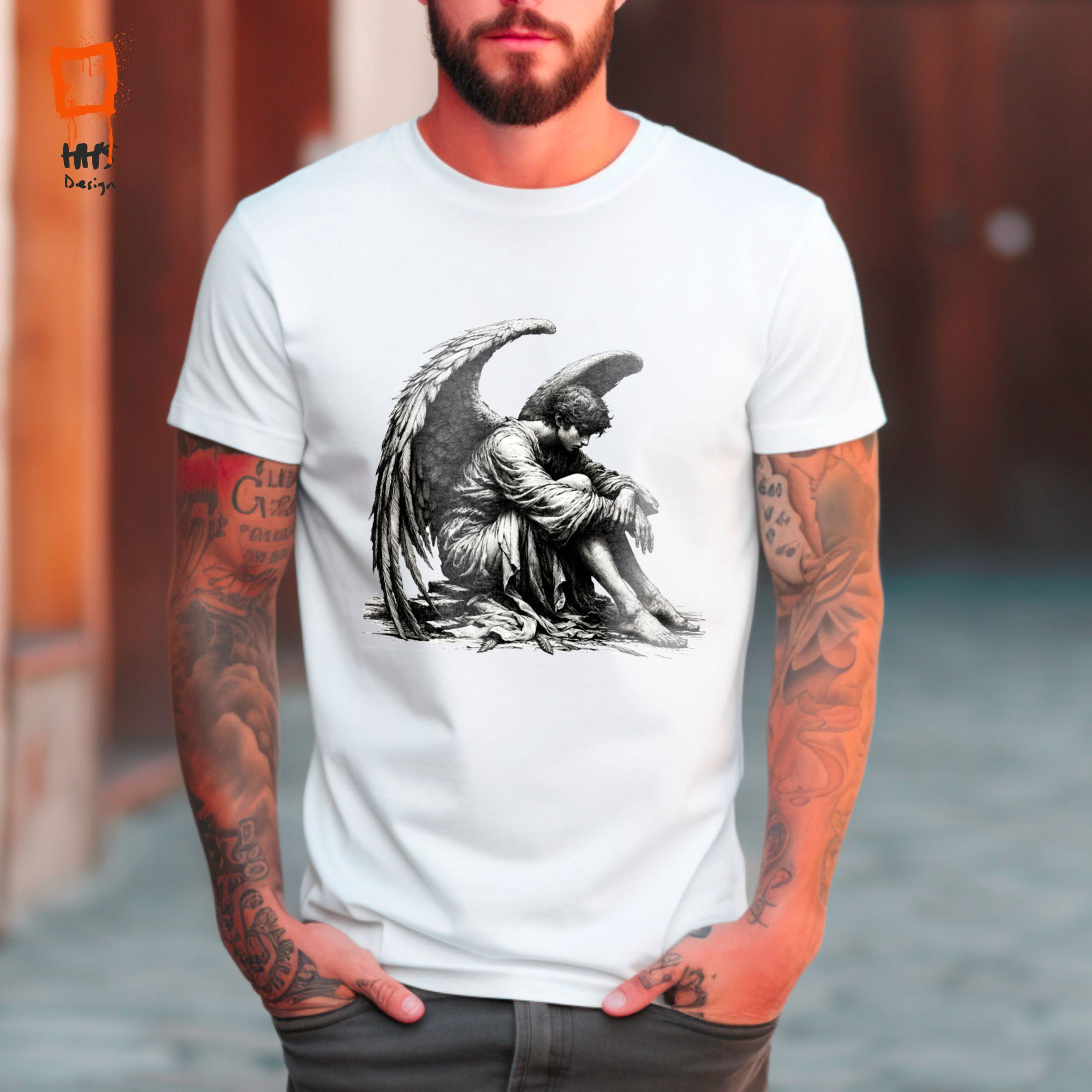 Solace Angel Knot T-Shirt - Pensive Winged Figure Graphic Tee, Seraphic ...