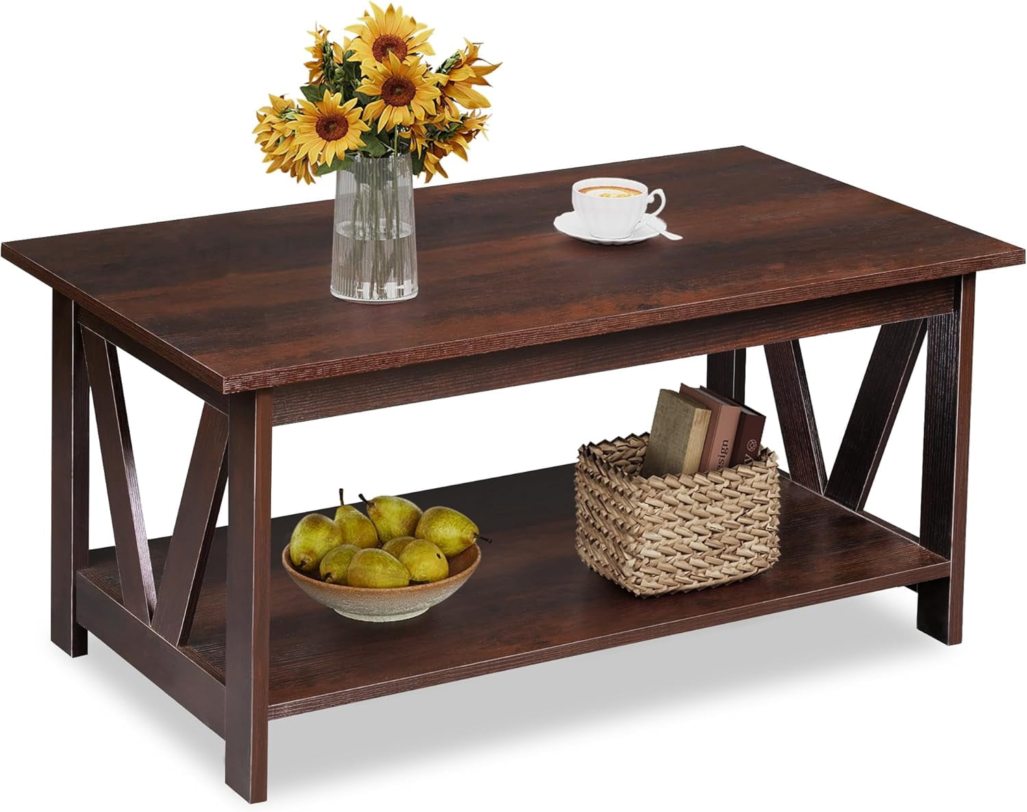 SolaceHue Coffee Table with Storage Shelf, 39.4" Farmhouse Coffee Table ...