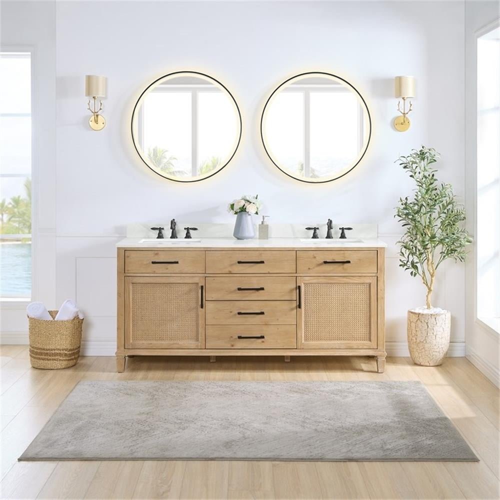 Solana 72" Wood Vanity in Weathered Fir Calacatta White Quartz Top with ...