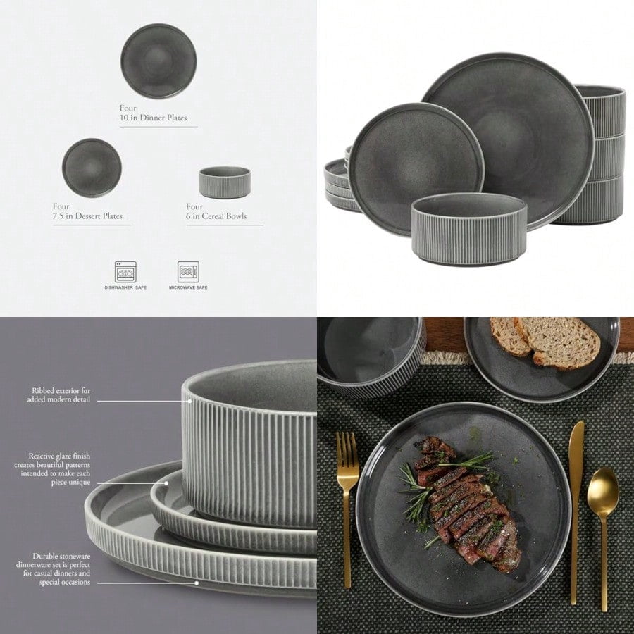 Solana Coast 12 Piece Stoneware Reactive Glaze Service for 4 Ceramic ...