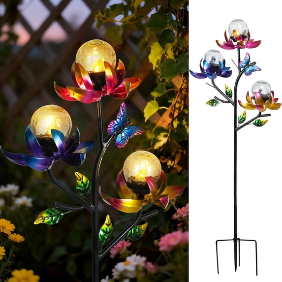 Solar 3-Flower Stake with LED Lights Multi-Color Blossoms & Butterfly ...