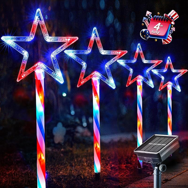 Solar 4th of July Decorations Outdoor, 4PCS Red White Blue Star Lights ...
