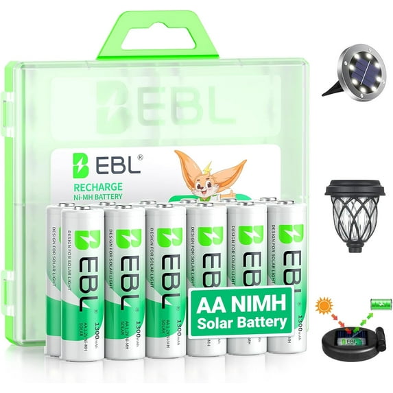 Solar AA Battery Rechargeable Batteries for Outdoor Lights, 1300mAh ...