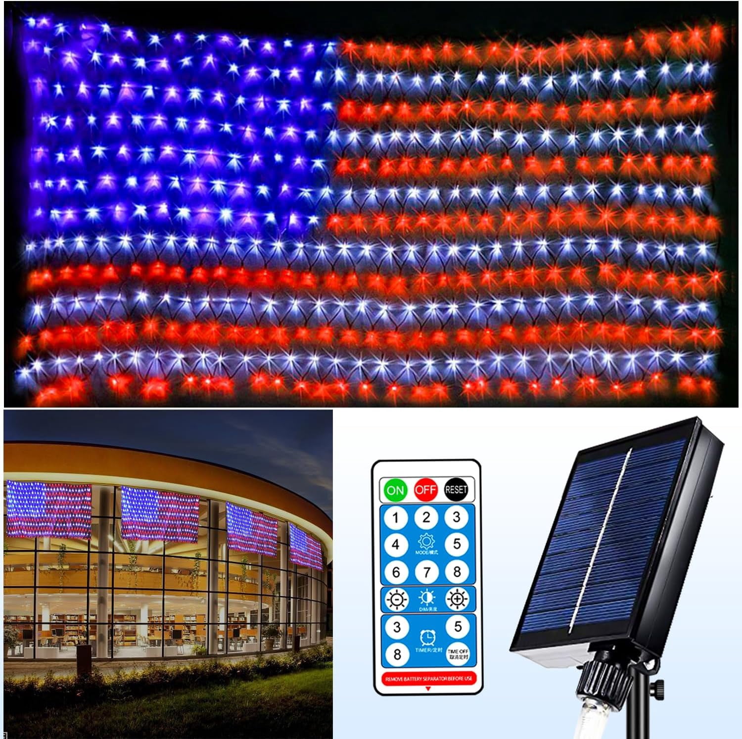 Solar American Flag String Lights - Waterproof 420 Led Solar Powered ...