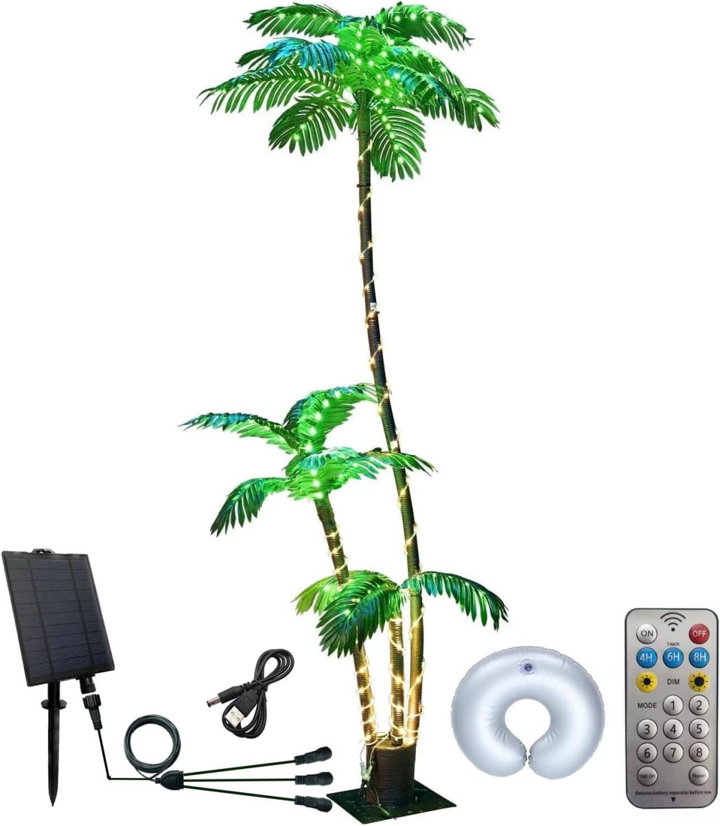 Solar Artificial Palm Tree Christmas Tree 7Ft 3Trunks 245LED Lighted ...