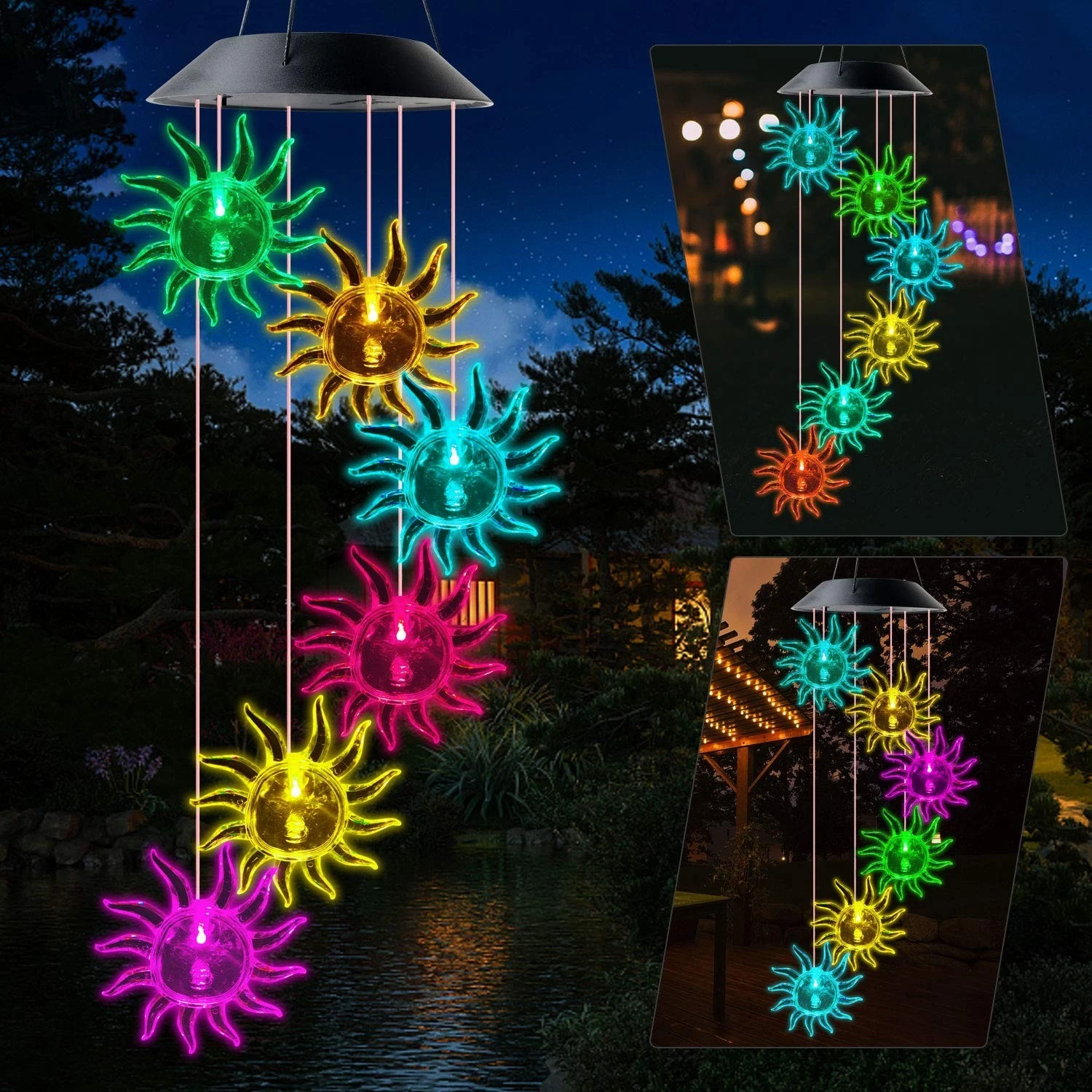Solar Automatic Color-Changing Led Sunflower Wind Chime Light Garden ...