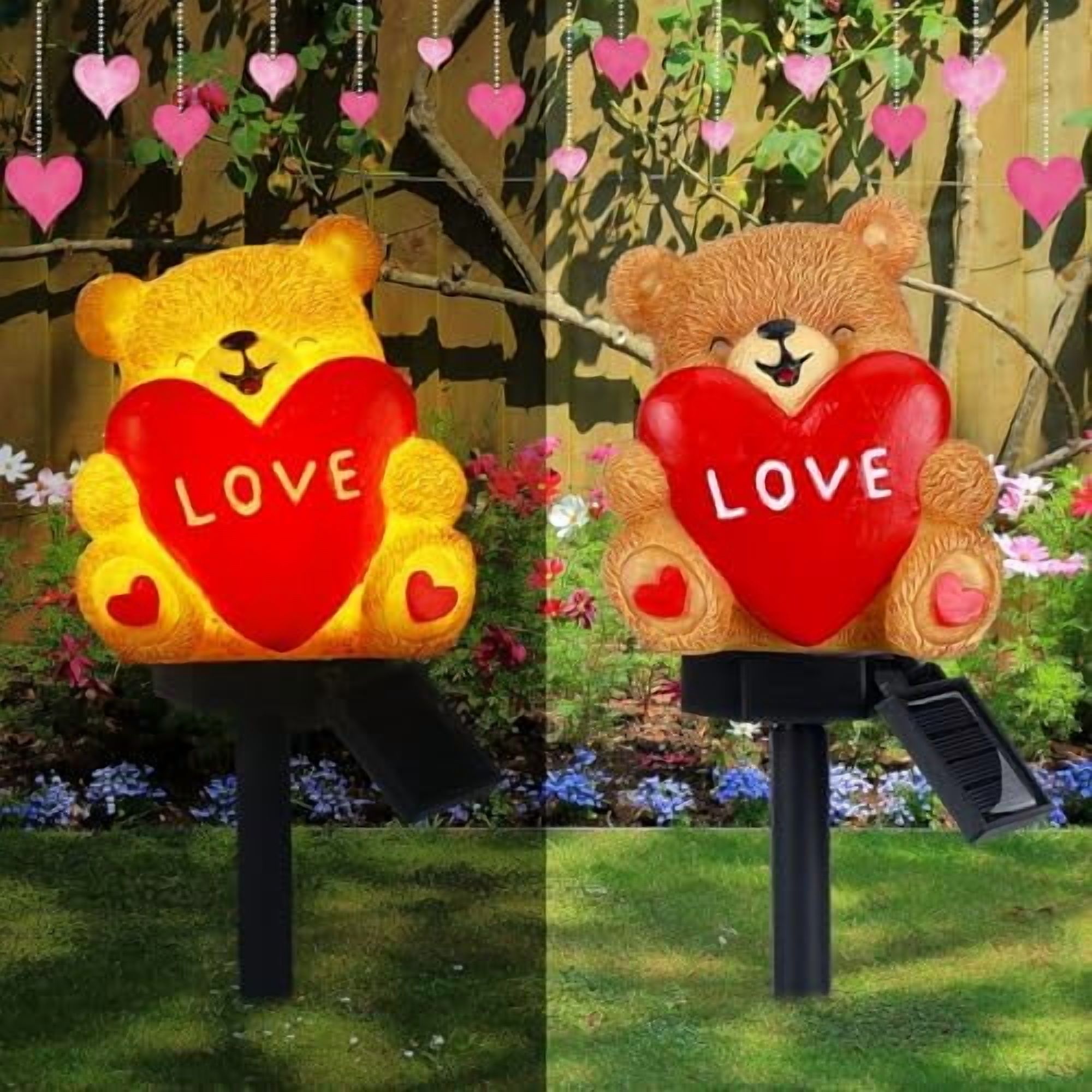 Solar Bear with Heart Garden Stake Lights Love Bear with Heart Outdoor ...