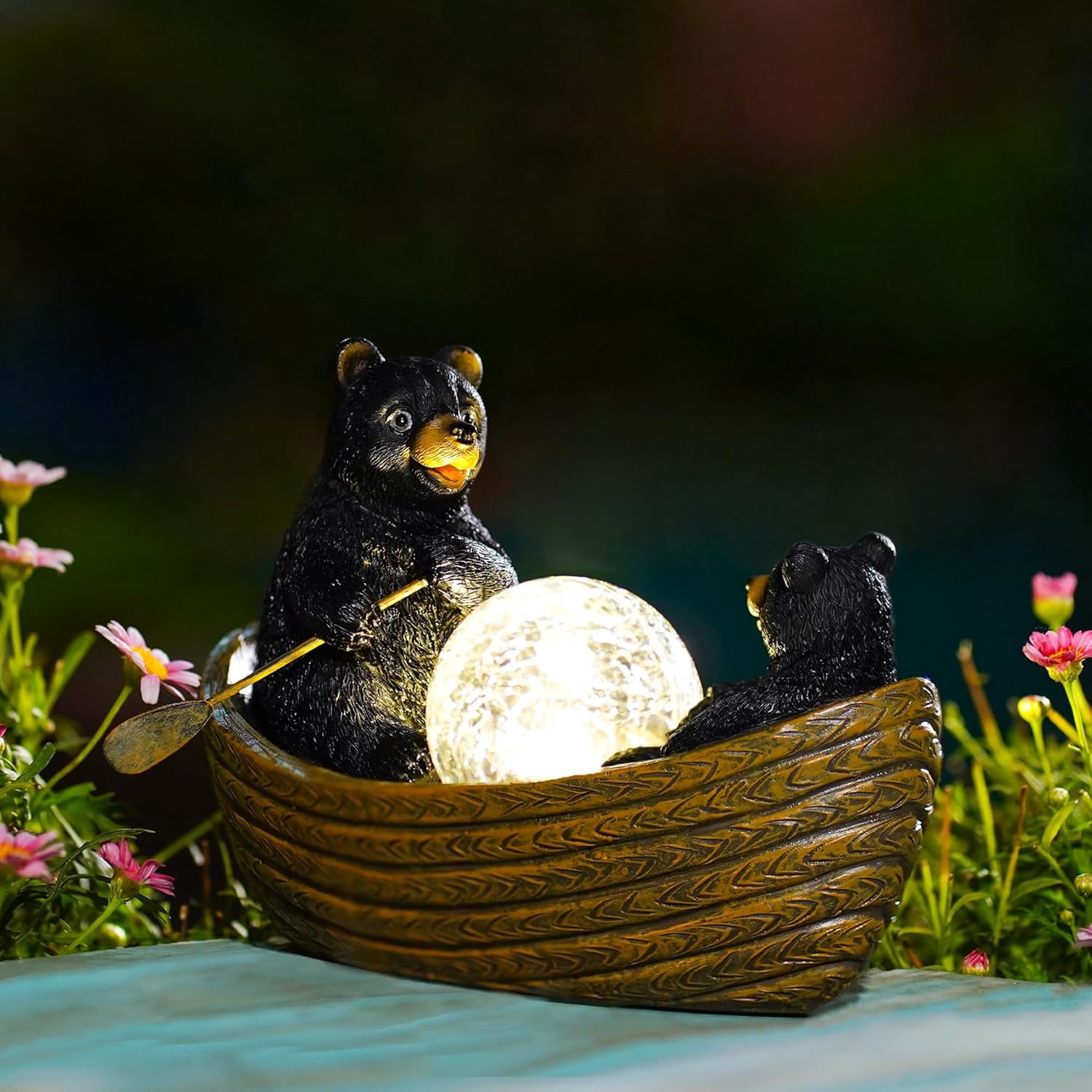 Solar Bears Boating Statue - Outdoor Bear Decor with Solar Gazing Ball ...