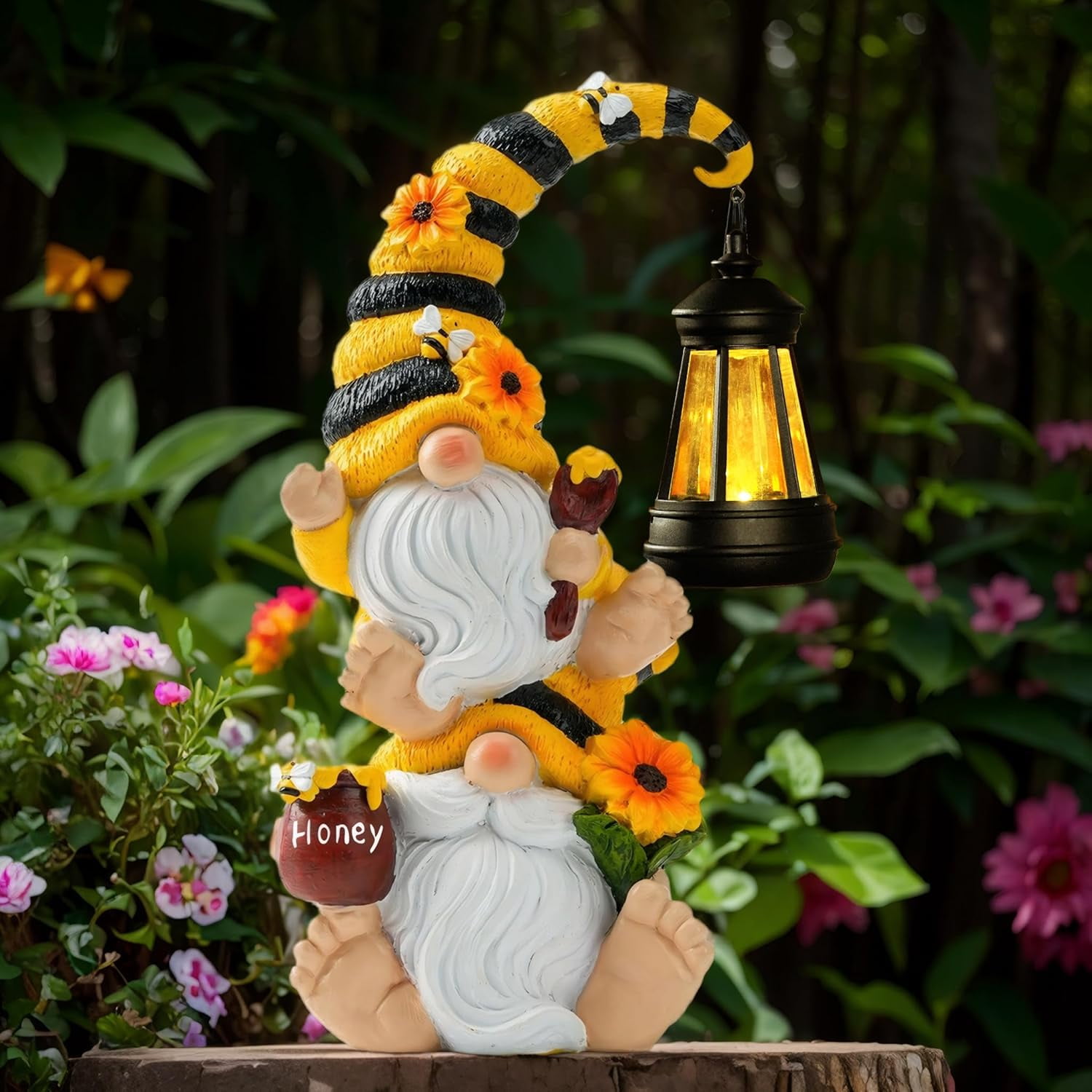 Solar Bee Garden Gnomes with LED Lantern – Waterproof Stacked Outdoor ...