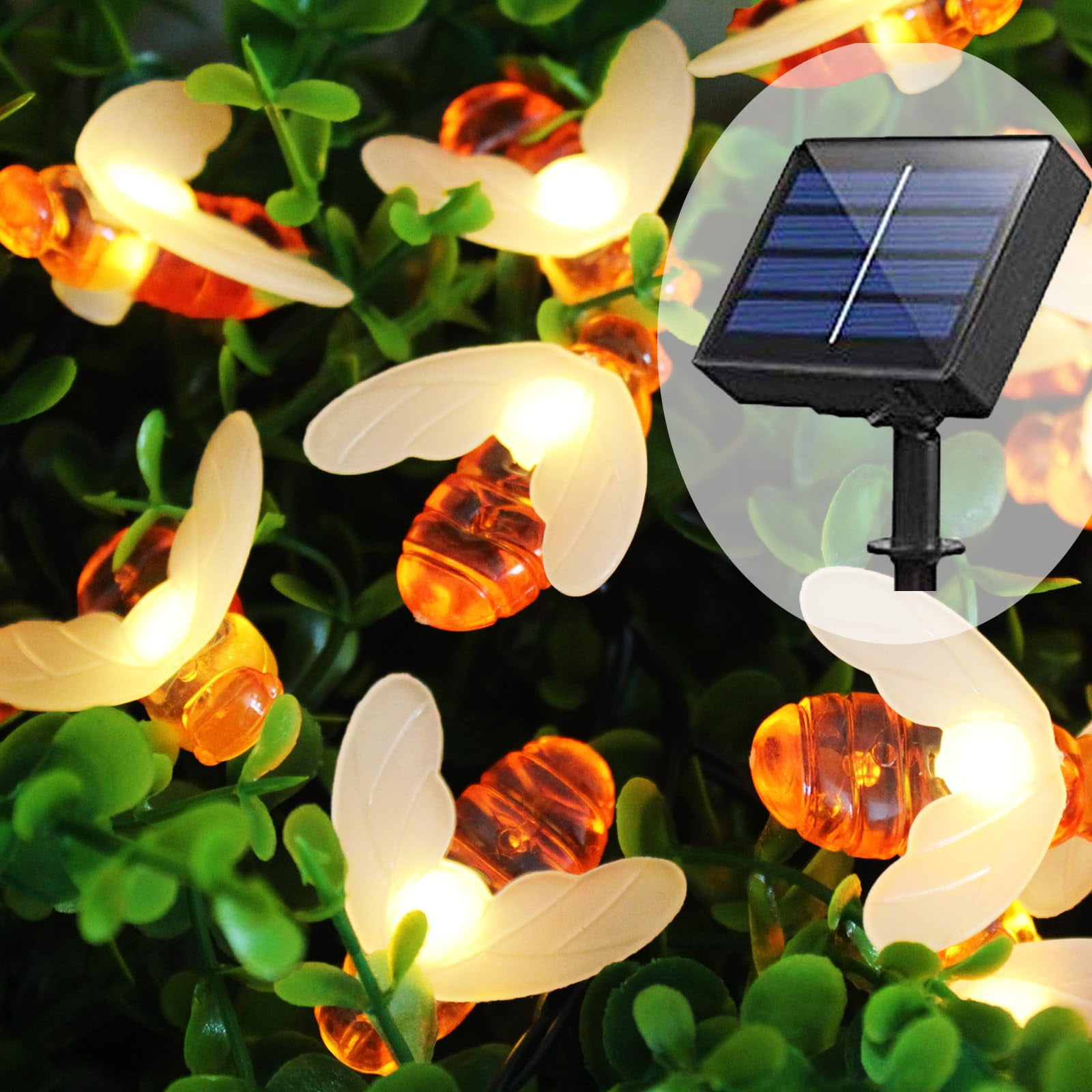 Solar Bee String Lights Outdoor , 21ft 30LED Honeybee Fairy Lights with 8 Lighting Modes ...