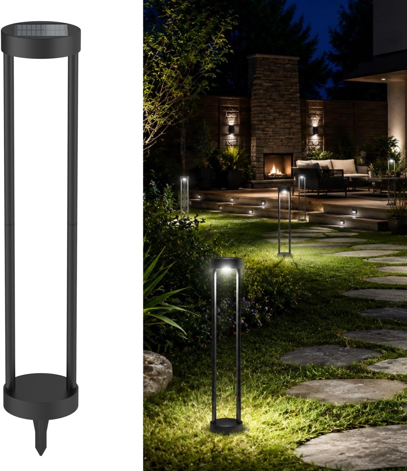 Solar Bollard Lights Outdoor, 24" Tall Stainless Steel & Iron Solar ...