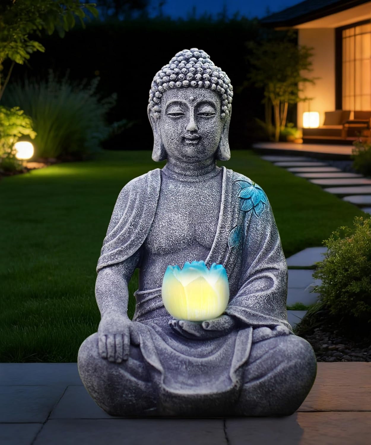 Solar Buddha Garden Statue Decor: Resin Zen Decor Waterproof Sitting ...