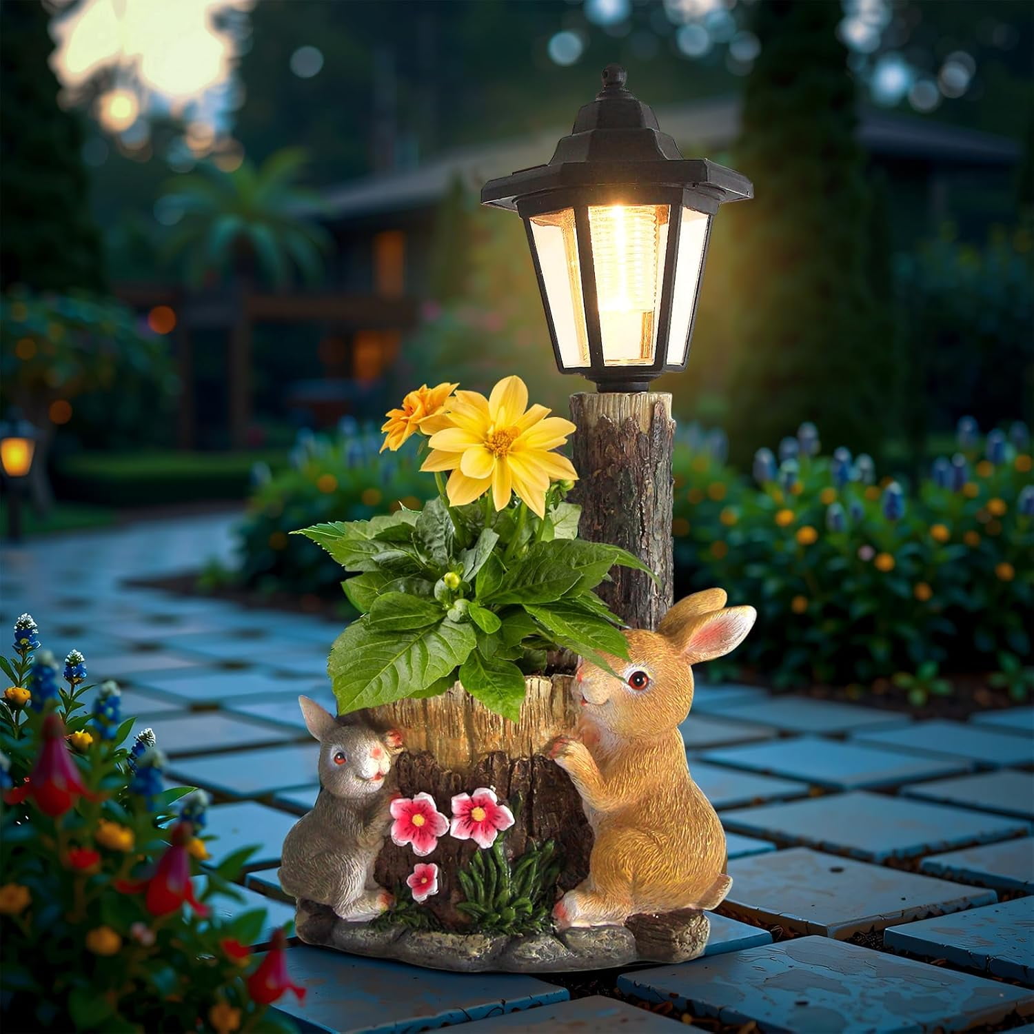 Solar Bunny Garden Stalue Outdoor, Rabbits Figurine Flowerpot Decolwith ...