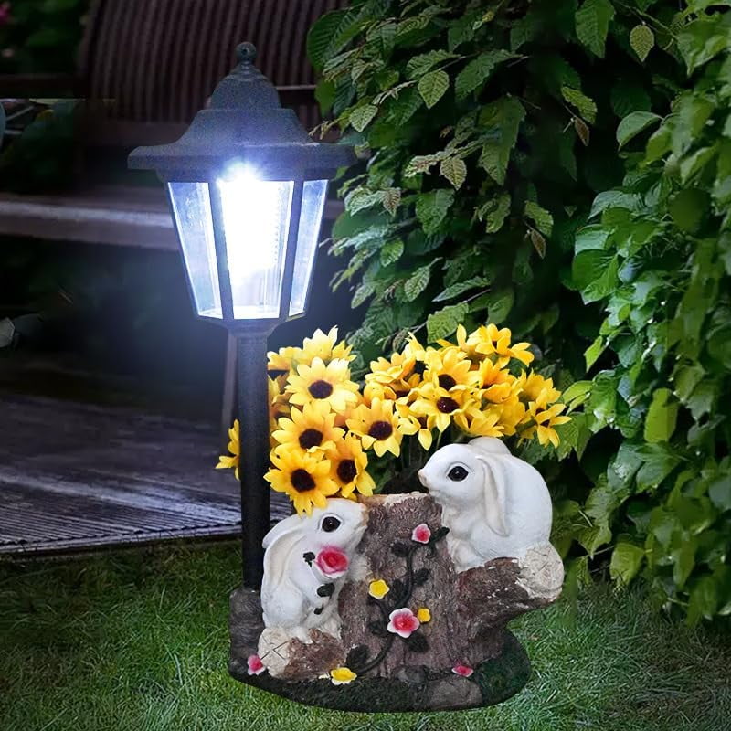 Solar Bunny Garden Statue - Rabbit Figurine with Flower Pot & Solar ...