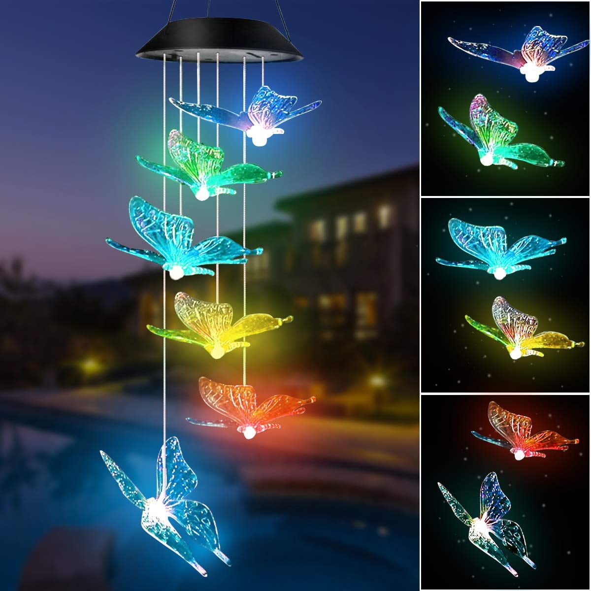 GLUAAE Solar Butterfly Wind Chimes, Color-Changing LED Lights ...