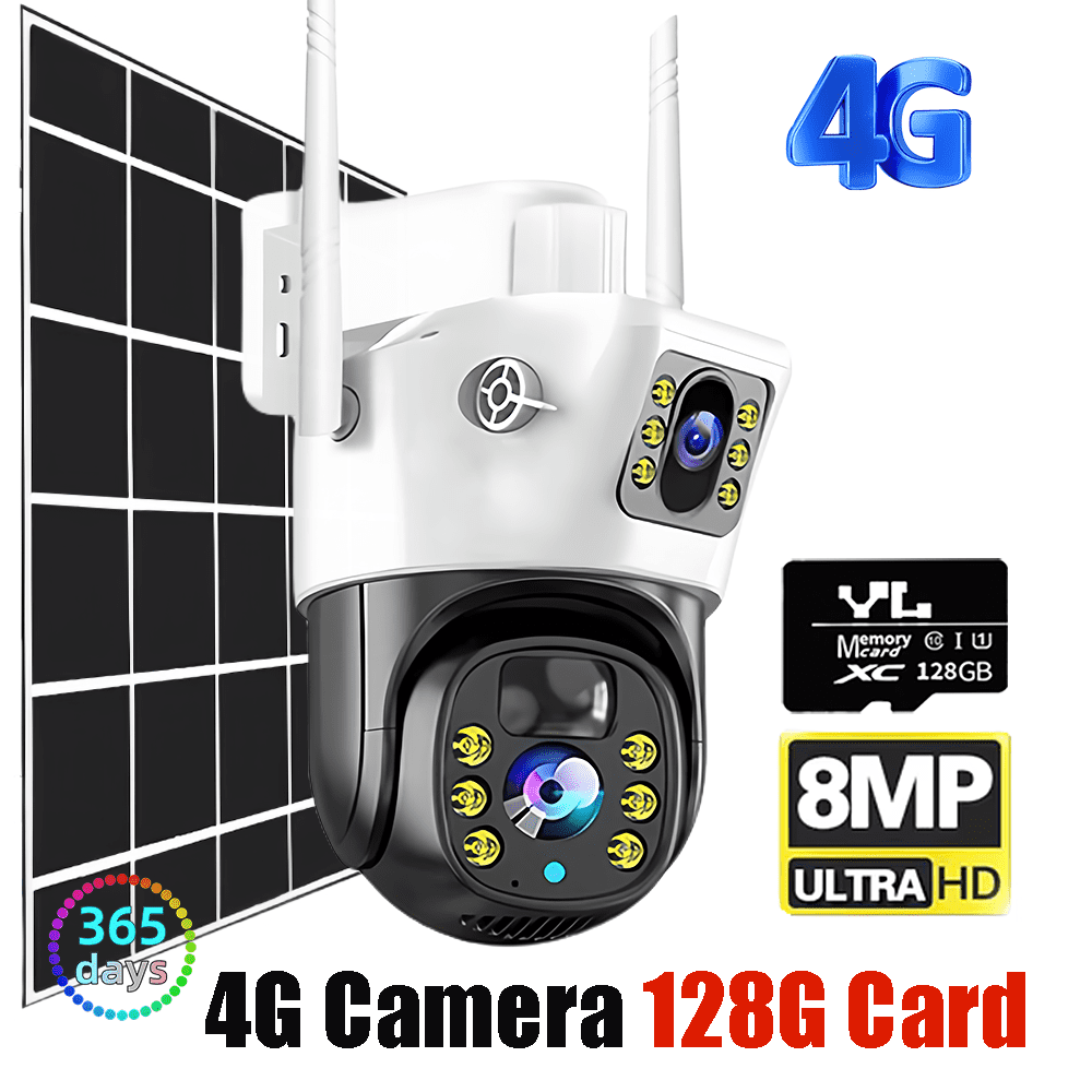 Solar Camera 4G Sim Card Dual Lens Outdoor 8MP 4K Low Power Battery IP Security Protection ...