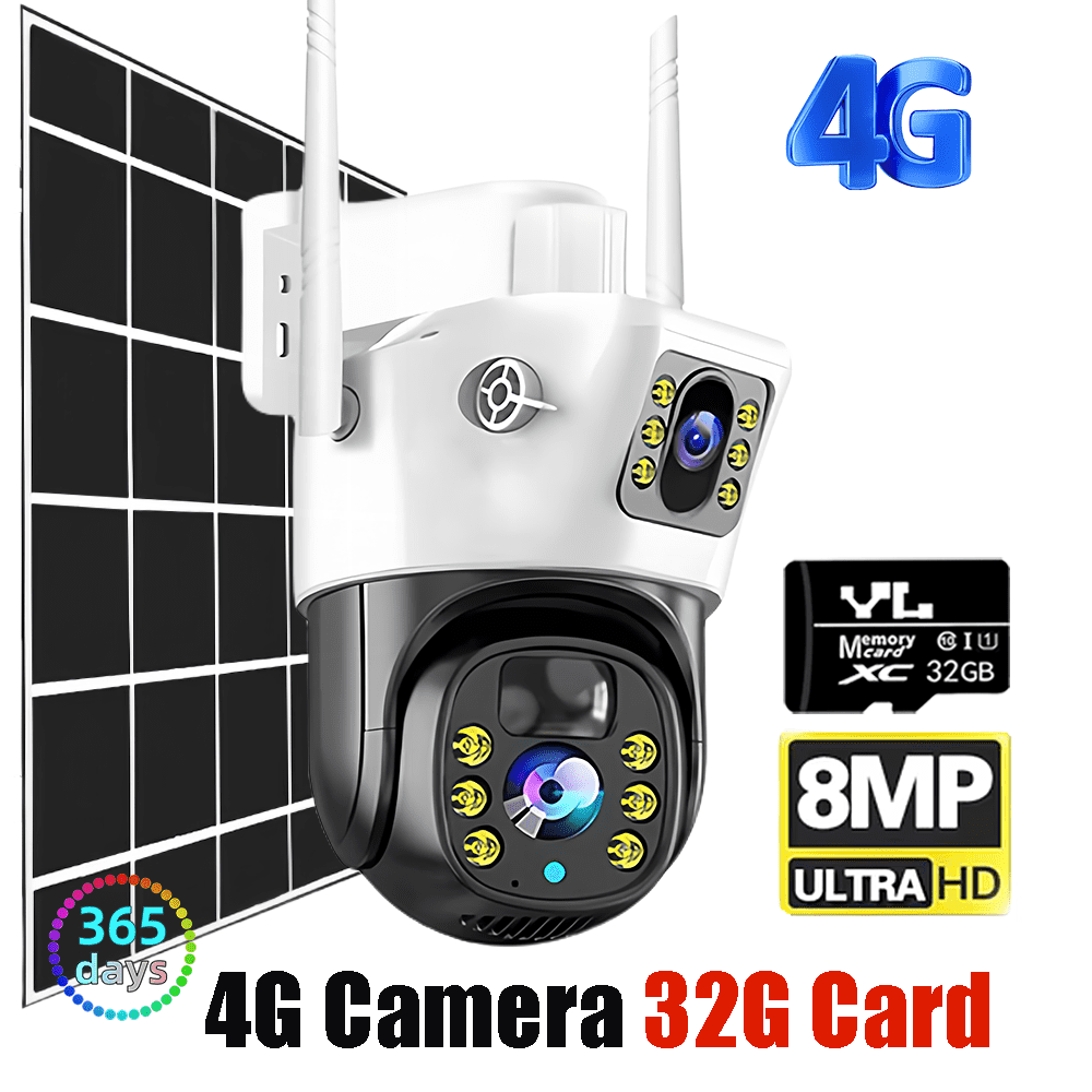 Solar Camera 4G Sim Card Dual Lens Outdoor 8MP 4K Low Power Battery IP Security Protection ...