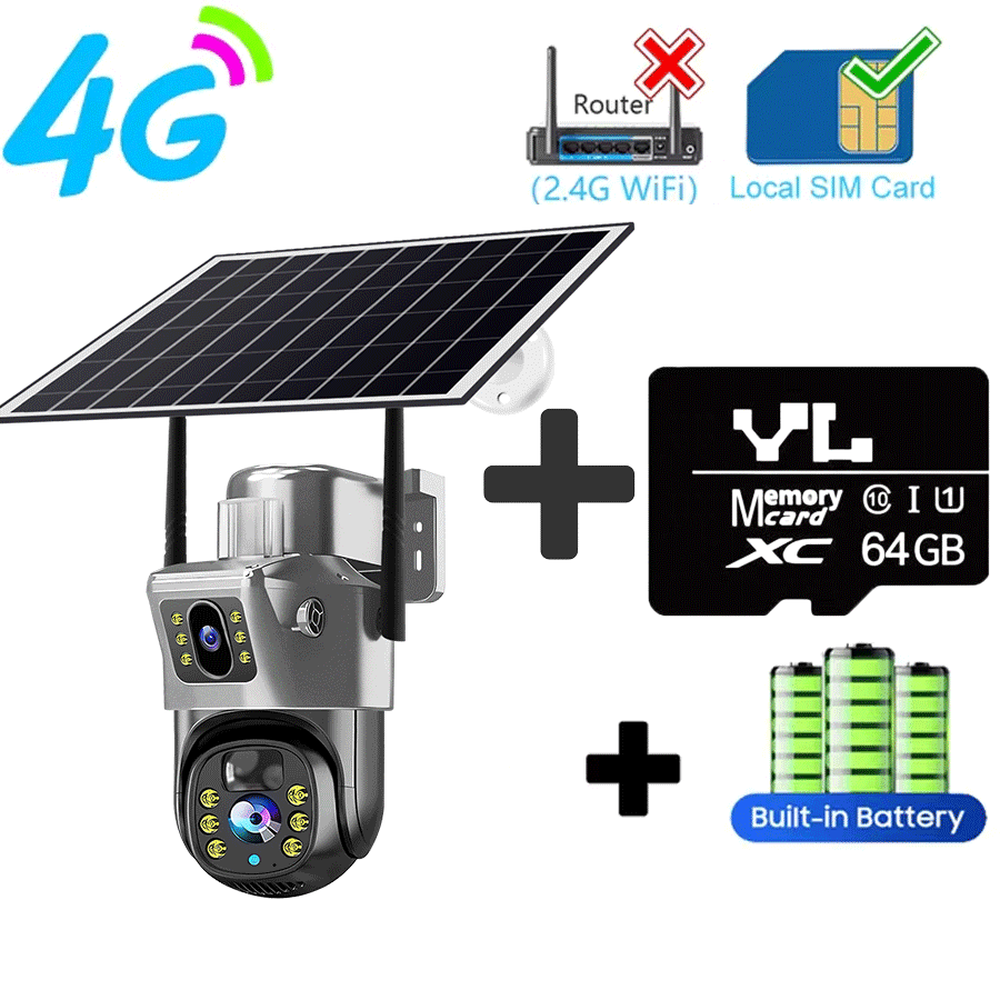 Solar Camera 4G Sim Card Outdoor Dual Lens 8MP 4K IP Camera Solar Panel ...
