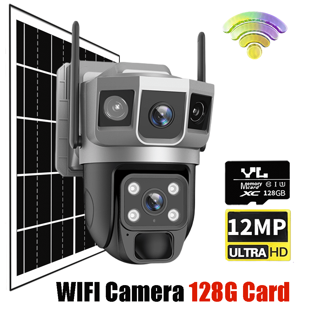 Solar Camera 6K 12MP 3-Screen HD Low Power Built-in Battery CCTV Camera ...