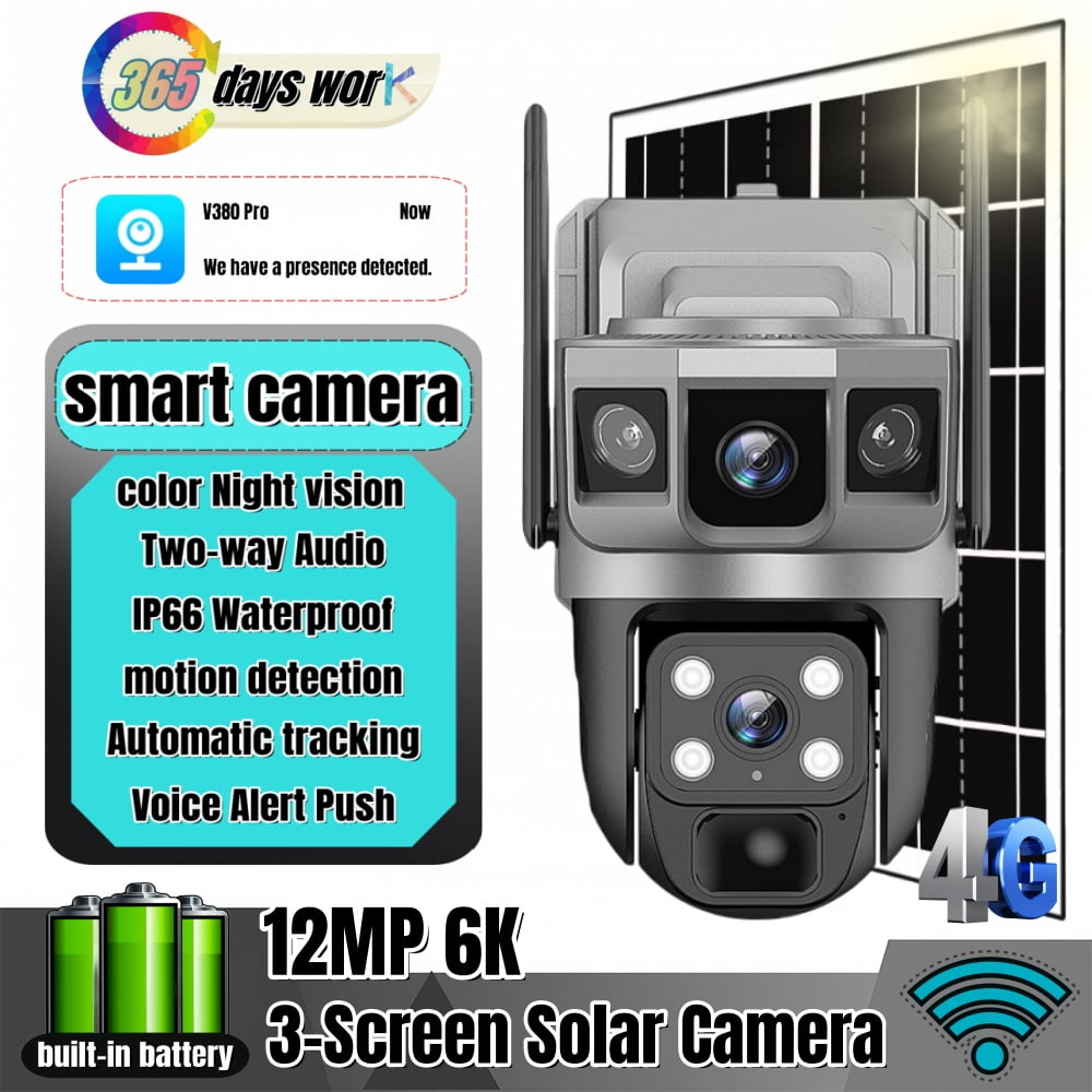 Solar Camera Outdoor 12MP Triple HD Night Vision 4G SIM Card WiFi IP ...