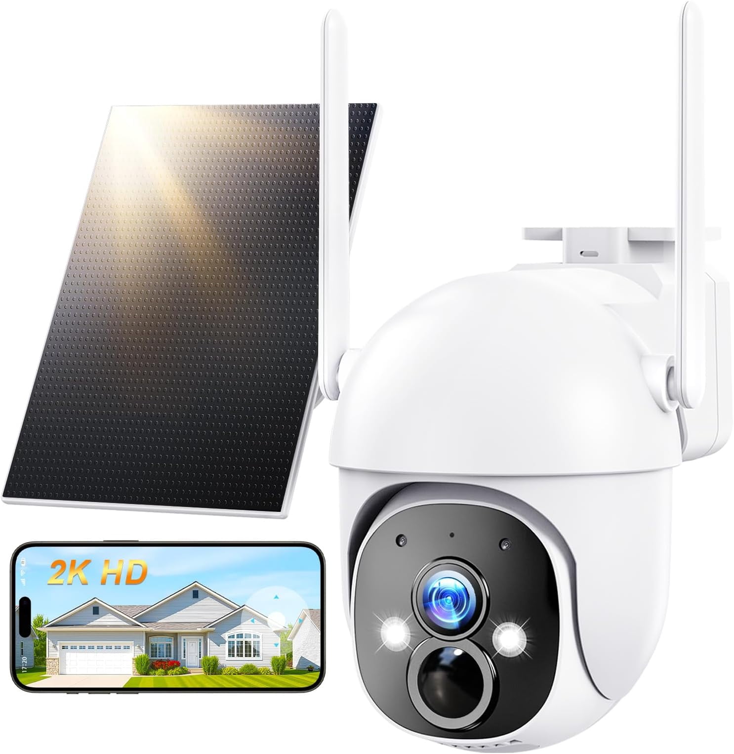Solar Cameras Outdoor, 360? View WiFi Cameras for with PIR Detection, 2 ...
