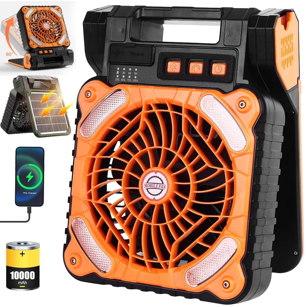 Solar Powered Portable Desk Fan with 4 Speeds, Light, Timer, 10400mAh ...