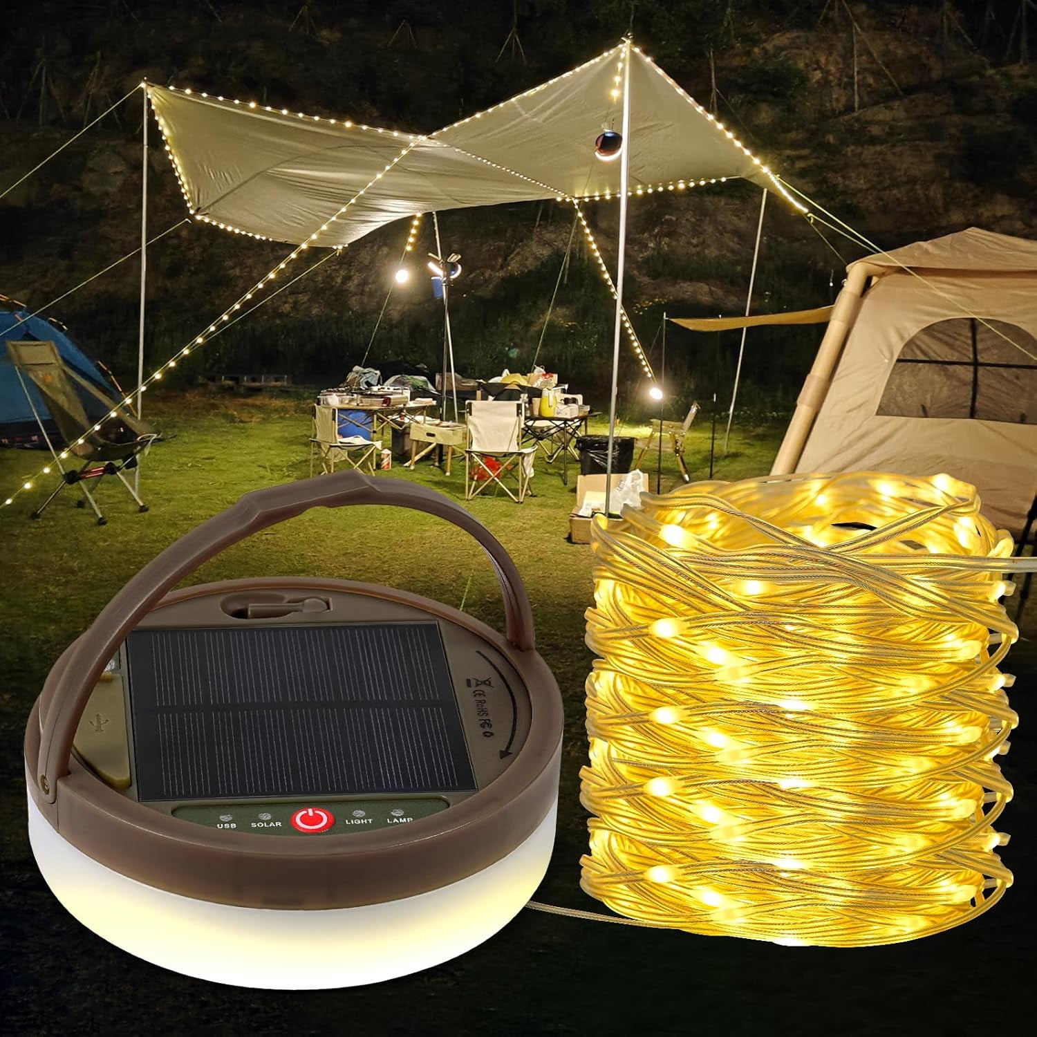 Solar Camping String Lights 39.4Ft, Rechargeable Led Outdoor Camping ...