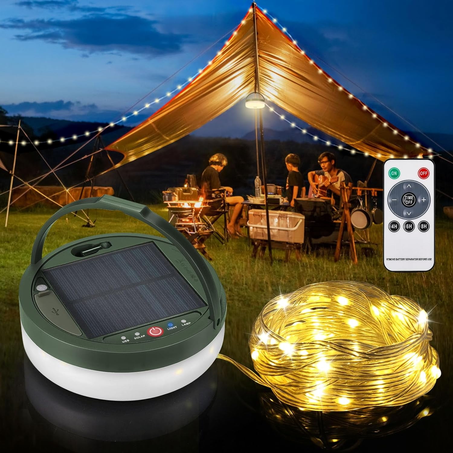 Solar Camping String Lights 4 in 1, 39.4Ft Ultra Long String with ...