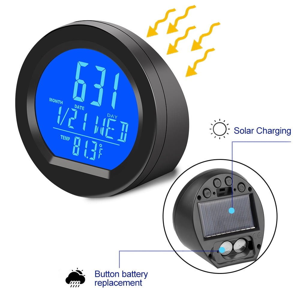 Solar Car Digital Clock Date Week Thermometer LCD Luminous Display for ...