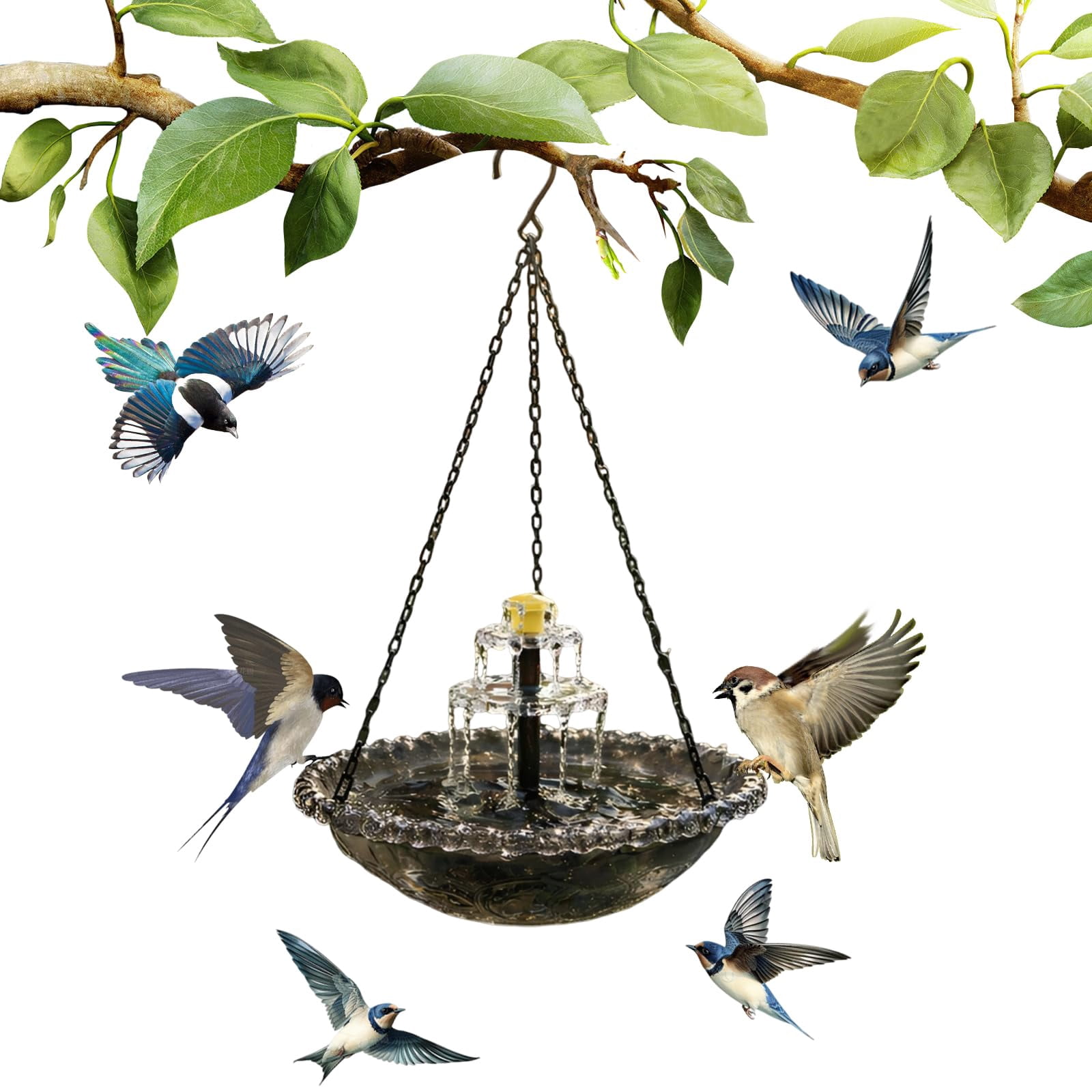 Solar Cascade Hanging Bird Bath Fountain, Outdoor Hanging Bird Bath ...