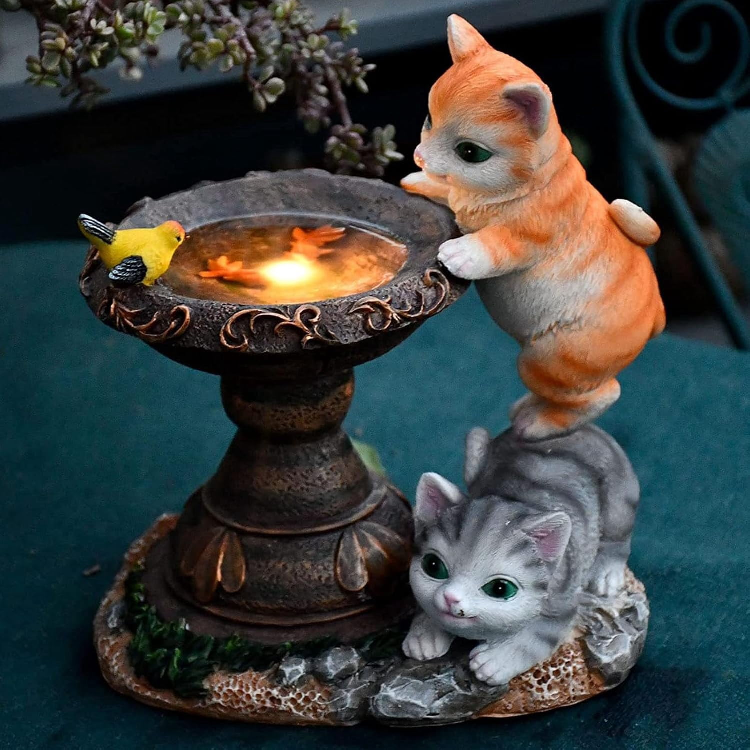 Solar Cat Garden Statues Lights, Resin Cat Figurine Decor with Bird ...