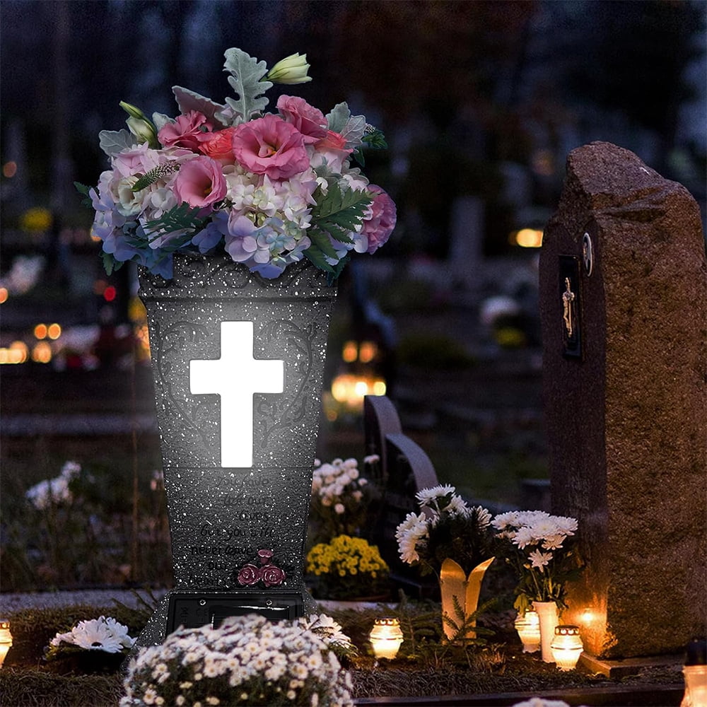 Solar Cemetery Grave Vase With LED Cross Lamp For Fresh/Artificial ...
