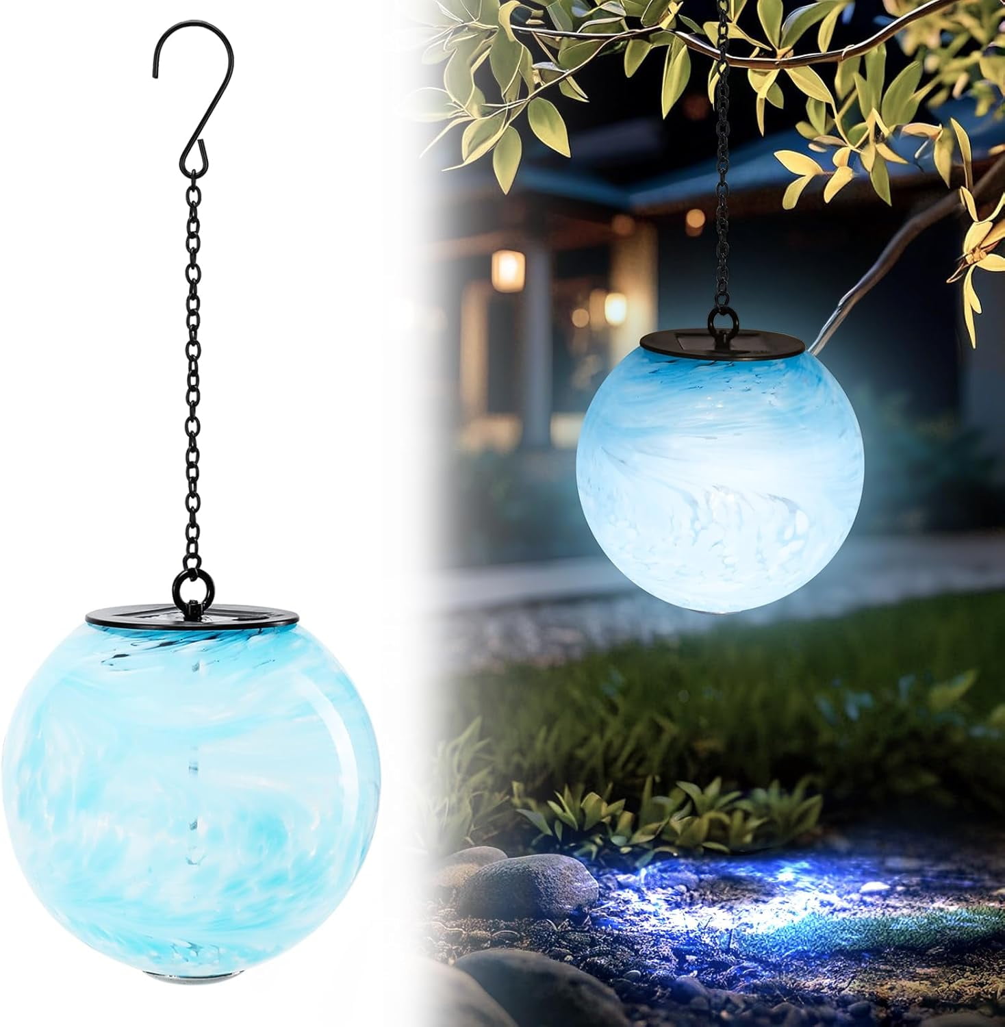 Solar Chandelier Outdoor, Hanging Glass Solar Lights with Hook Up ...