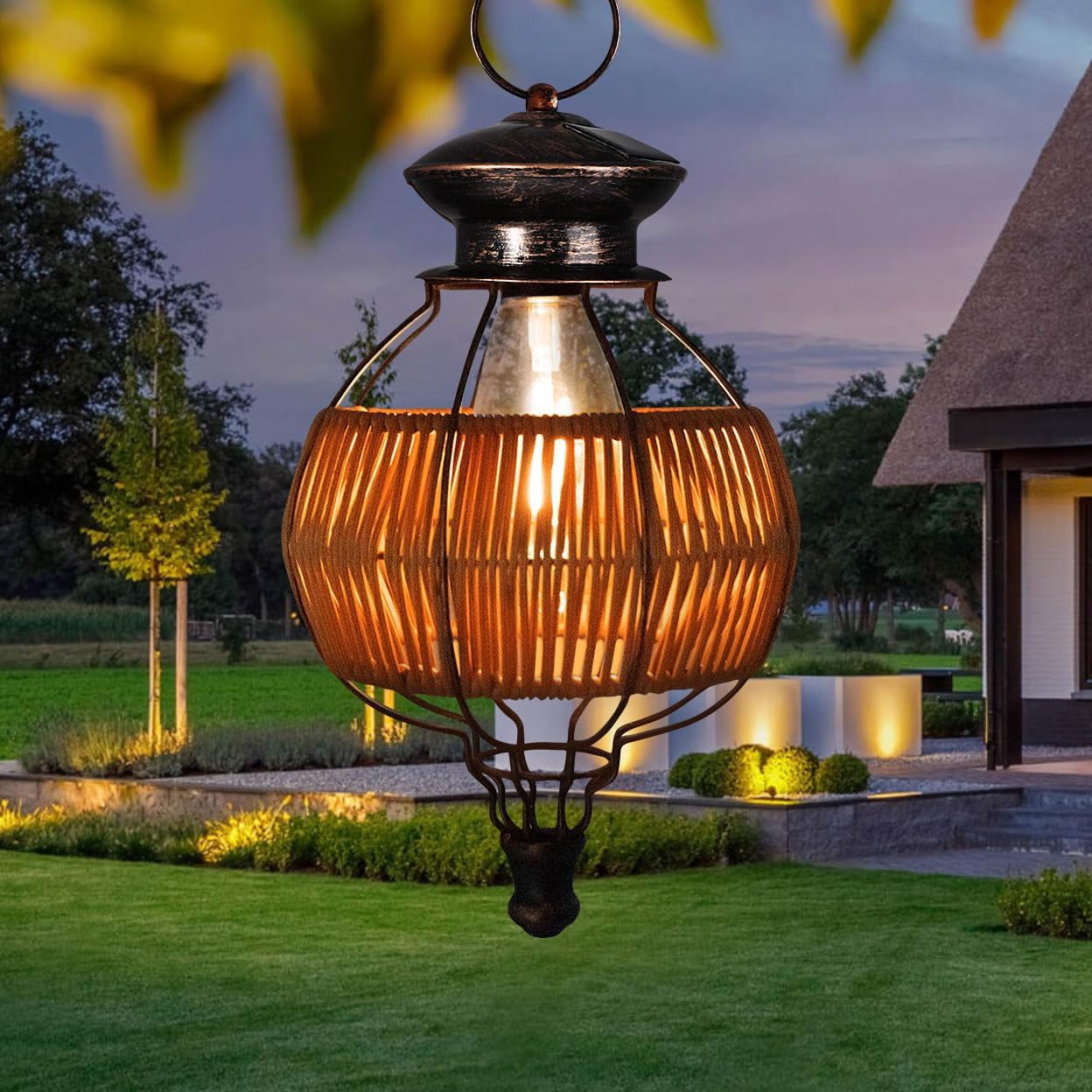 Solar Chandelier Rattan Pendant Light Wicker Pendant Light Outdoor ...