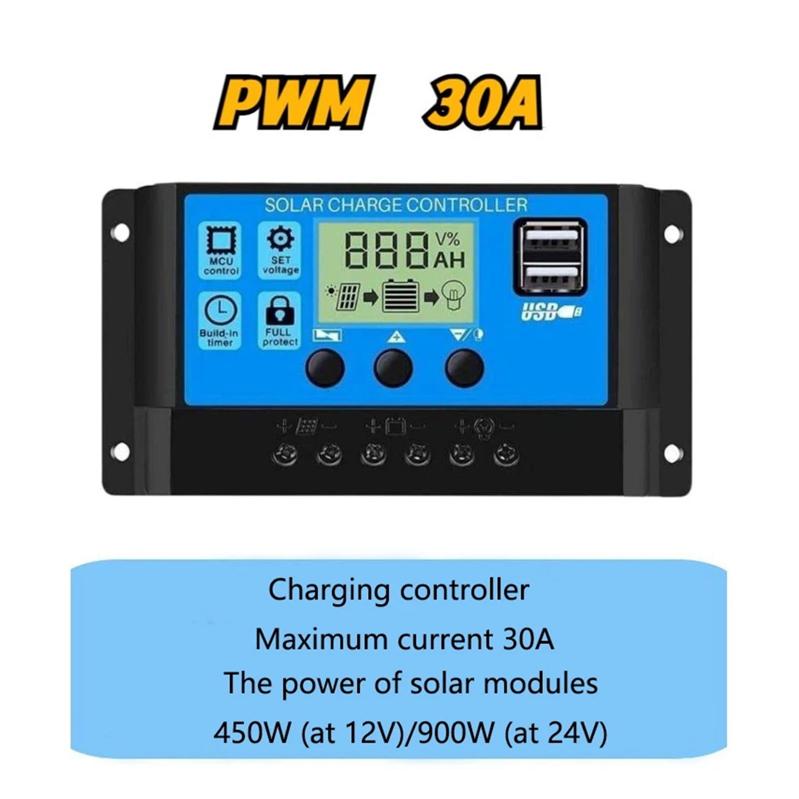 Solar Charge Controller 12V/24V PWM 10A 20A 30A With Adjustable LCD Display Timer Setting ...