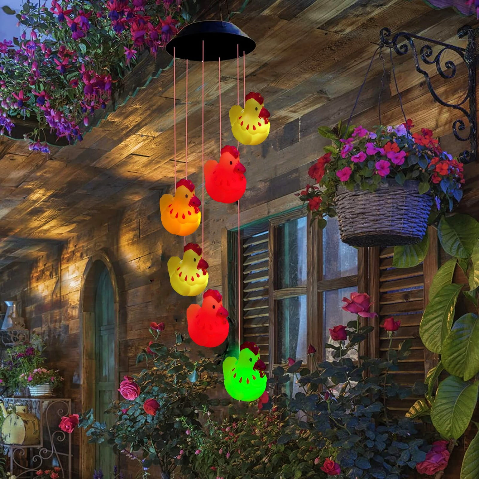 Solar Chicken Wind Chimes, Yellow Hen Windchimes Color Changing LED ...