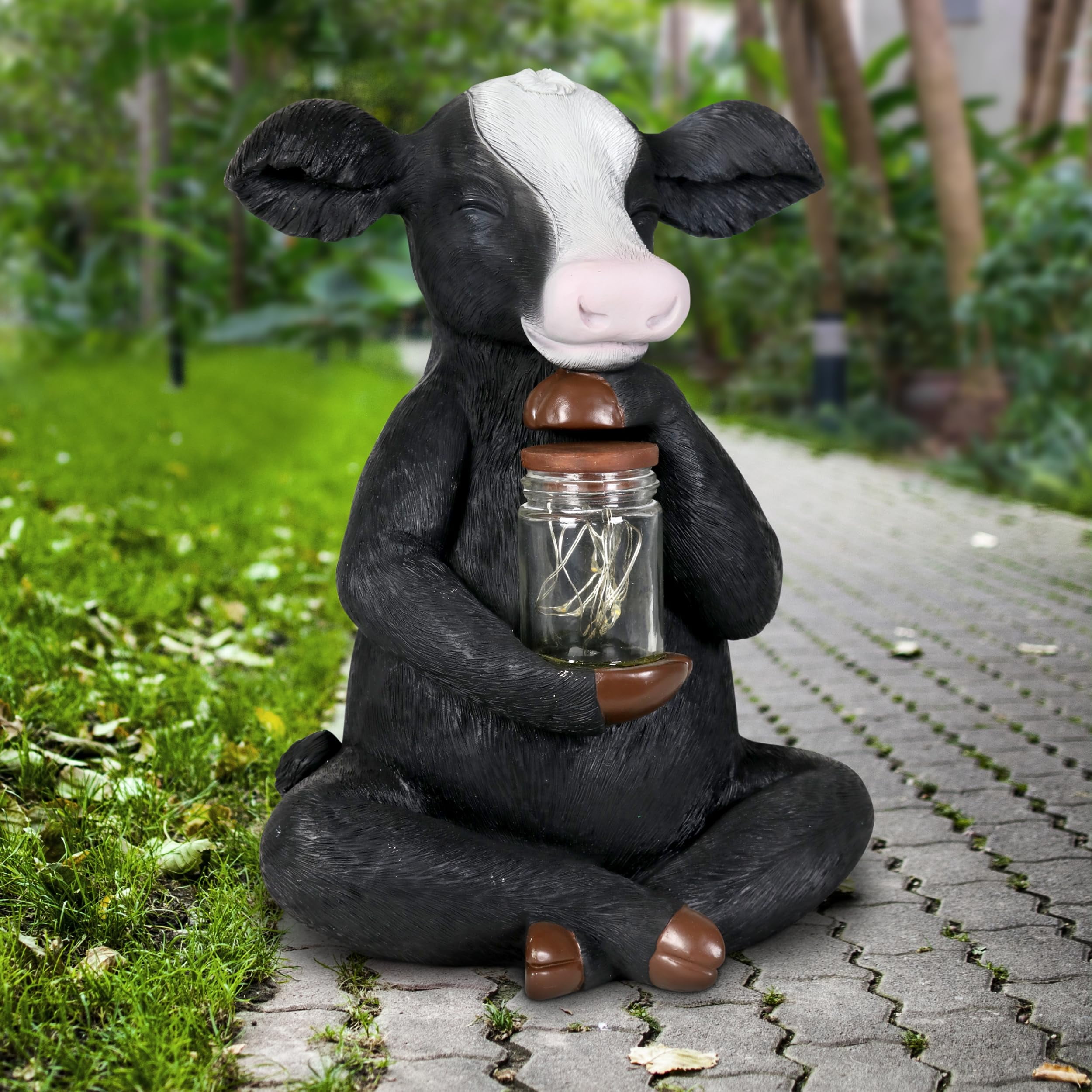 Solar Cow Statue with LED Firefly Jar, Hand Painted Resin Garden Decor ...