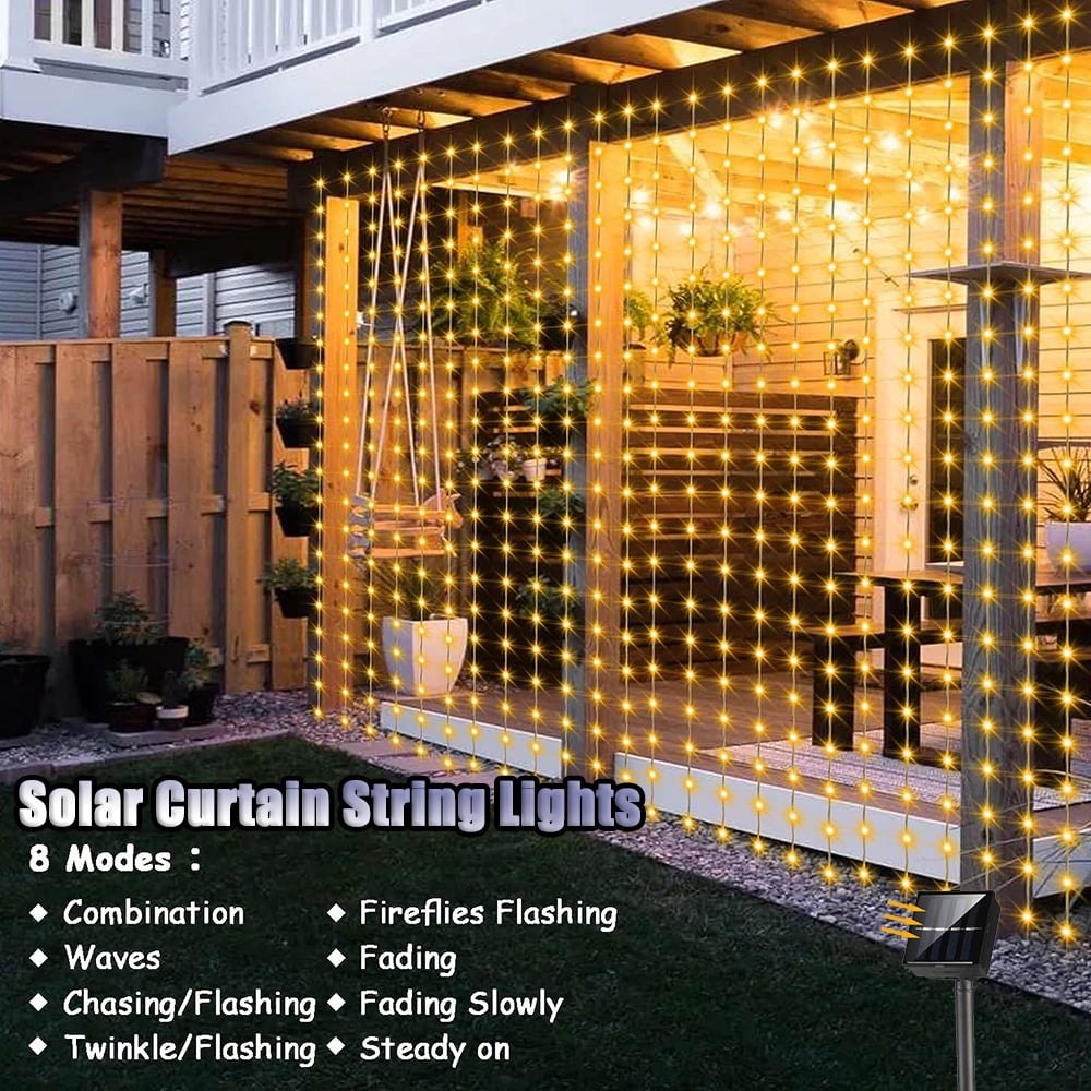 Solar Curtain Light 300LED Outdoor 8Mode Waterproof String Lights ...