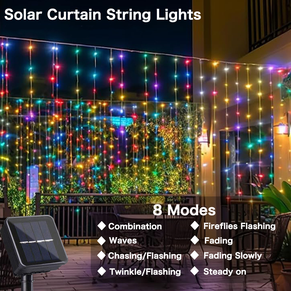 Solar Curtain Light 300LED Outdoor 8Mode Waterproof String Lights ...