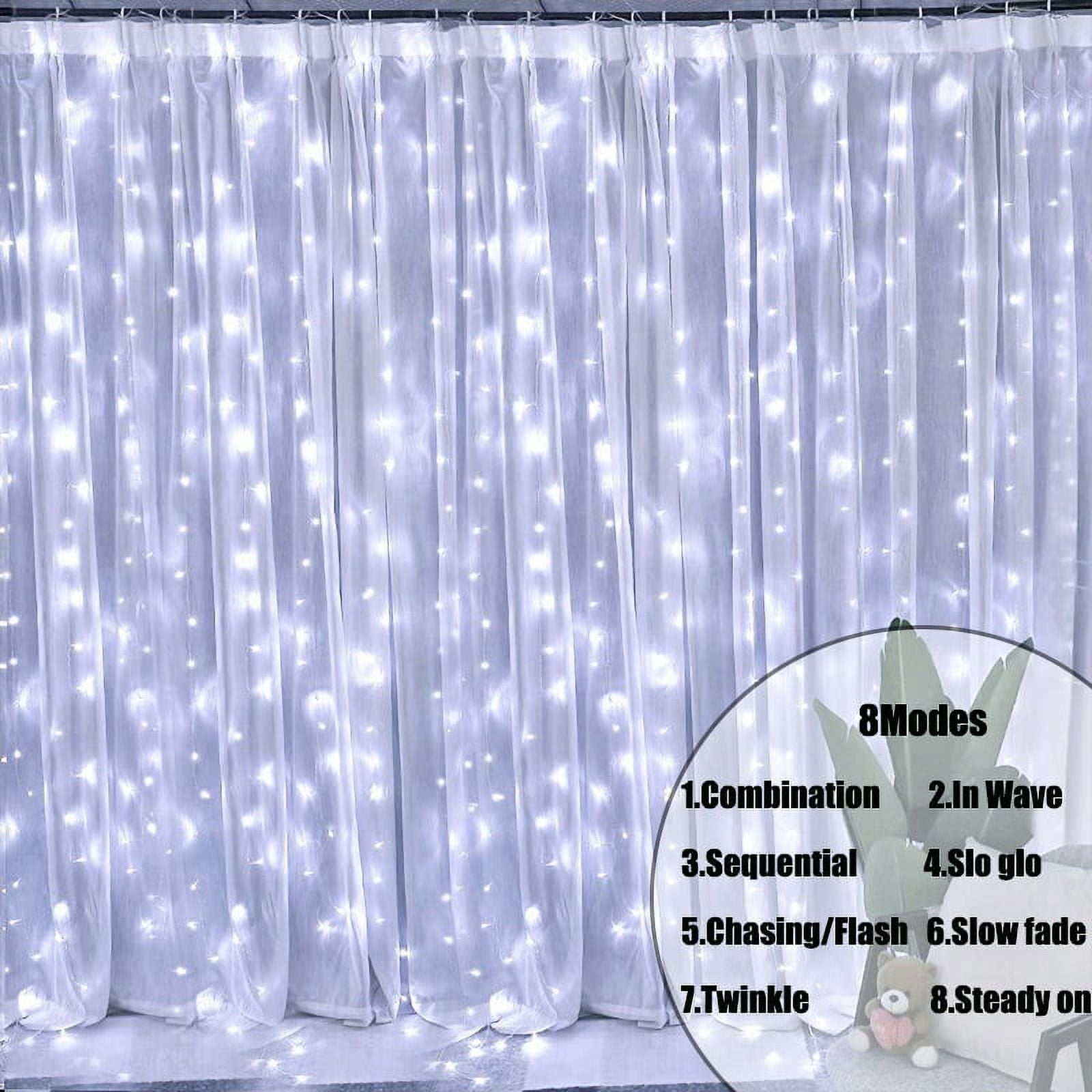 Solar Curtain Lights Fairy Lights 8 Modes Remote Control Waterproof ...